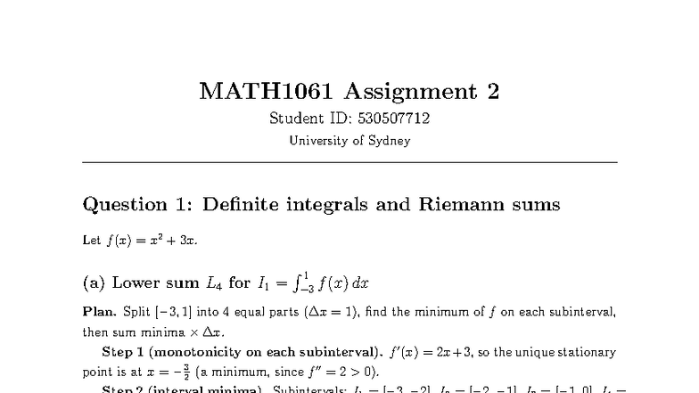 MATH1061 Assignment 2 Solutions: Definite Integrals & Vectors - Studocu