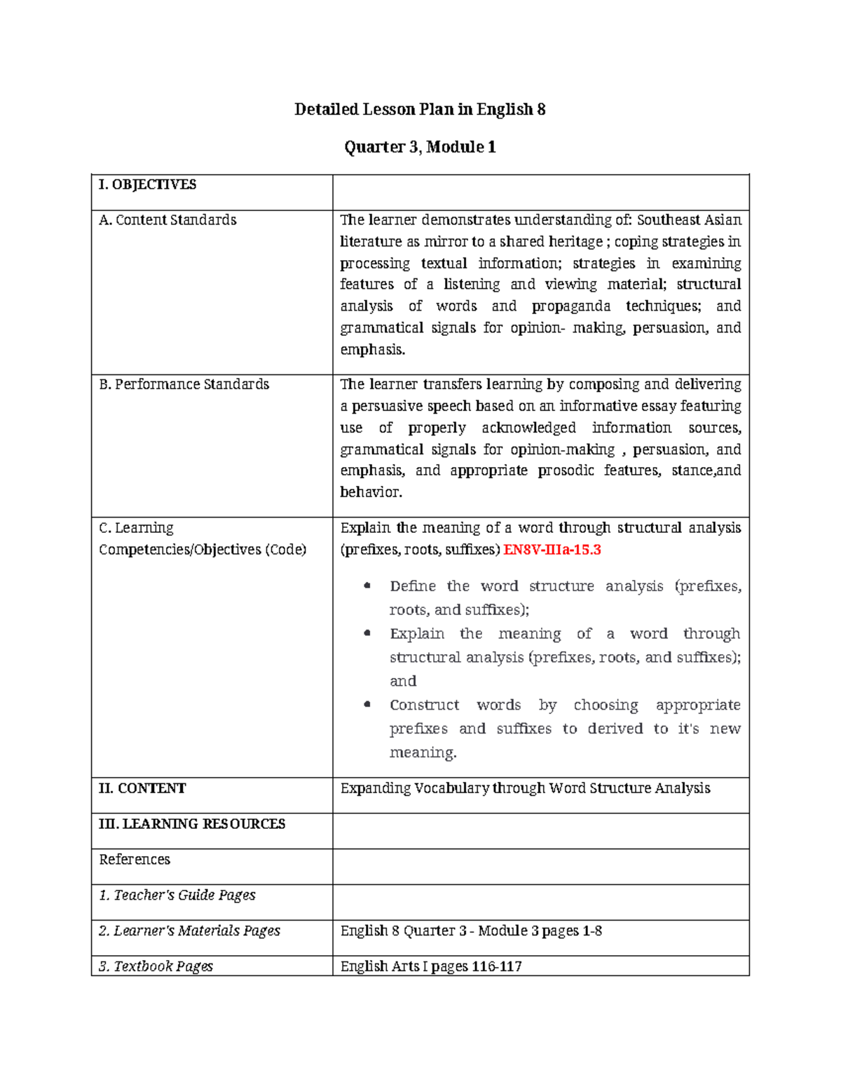 Final DEMO - English 8 Lesson Plan on Word Structure Analysis - Studocu