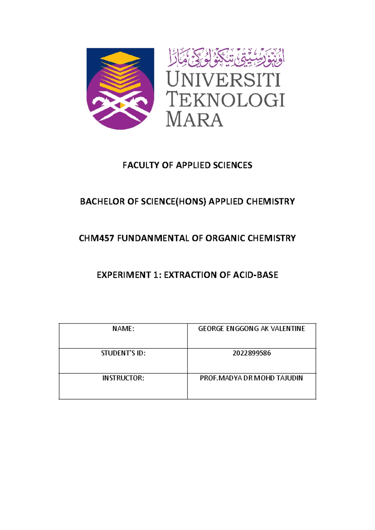 EXP1 CHM457.LAB Report - FACULTY OF APPLIED SCIENCES BACHELOR OF ...