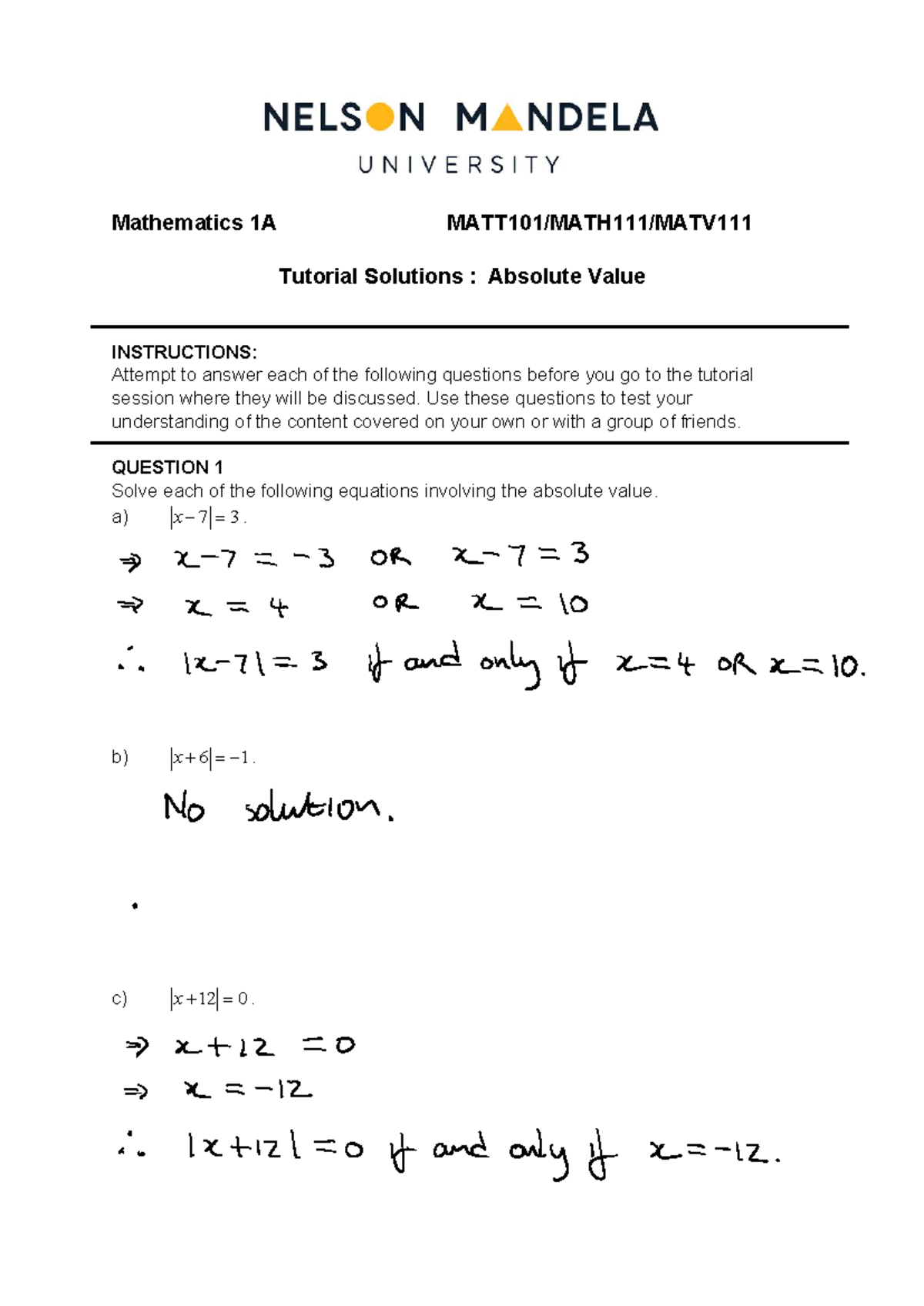 Mathematics 1A Tutorial Solutions: Absolute Value Exercises - Studocu