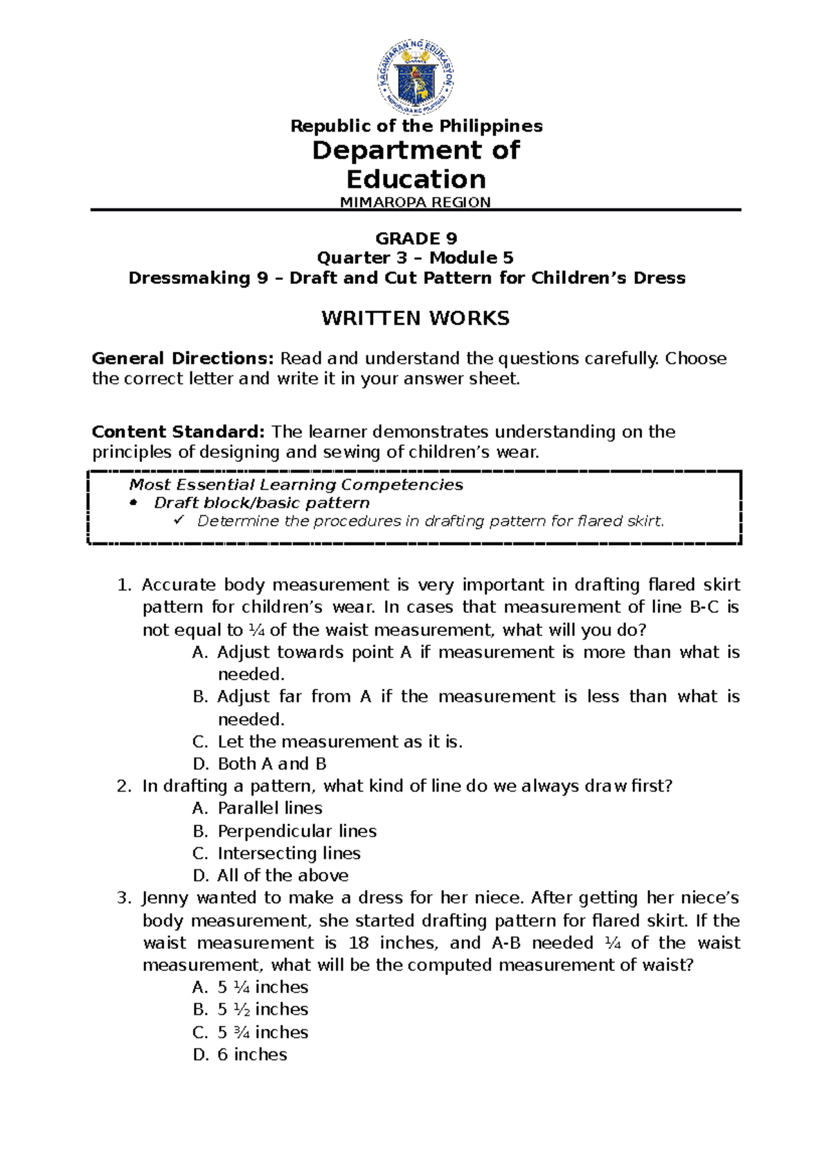 Grade 9 Dressmaking Assessment Q3-M5: Pattern Drafting Skills - Studocu