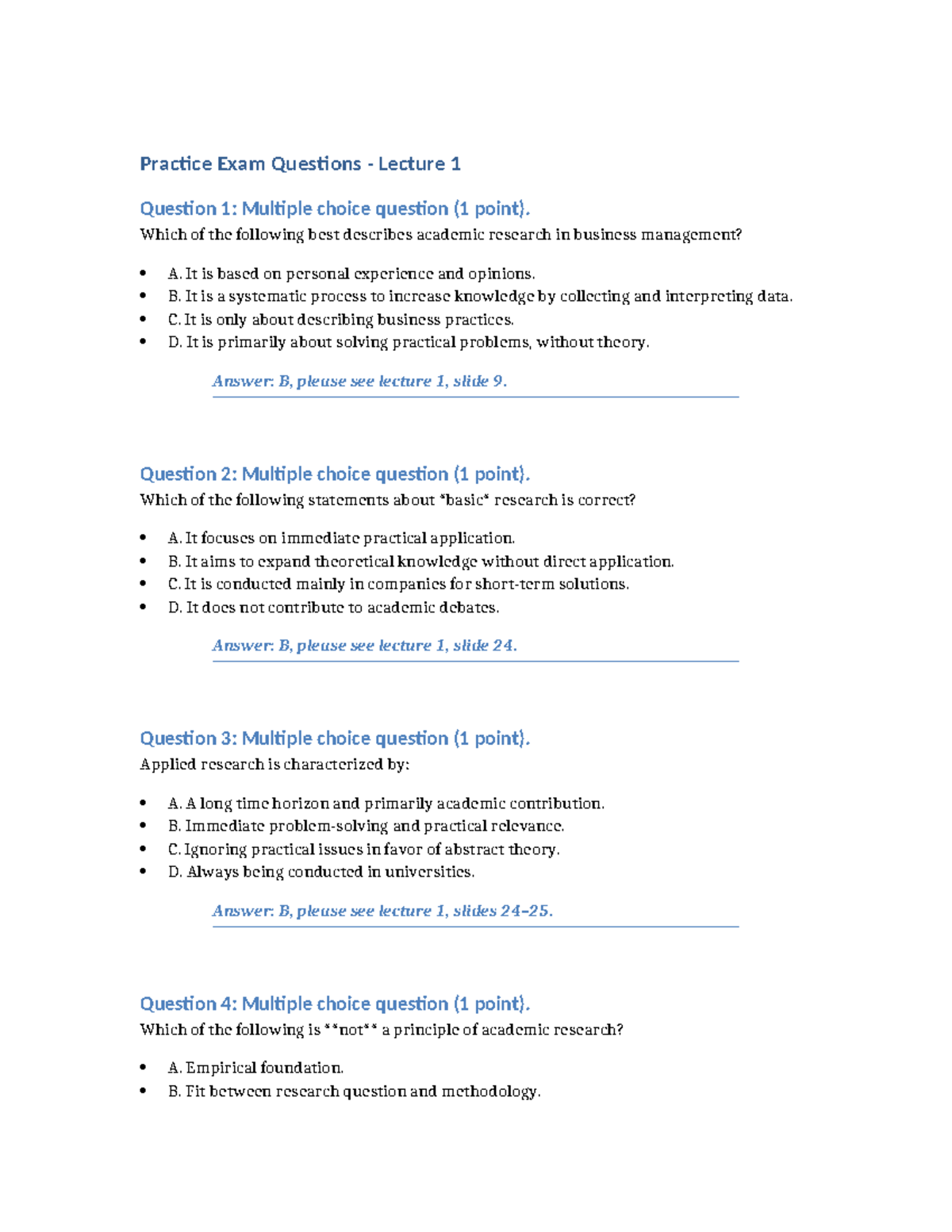 Practice Exam Questions for Business Management (Lecture 1) - Studeersnel