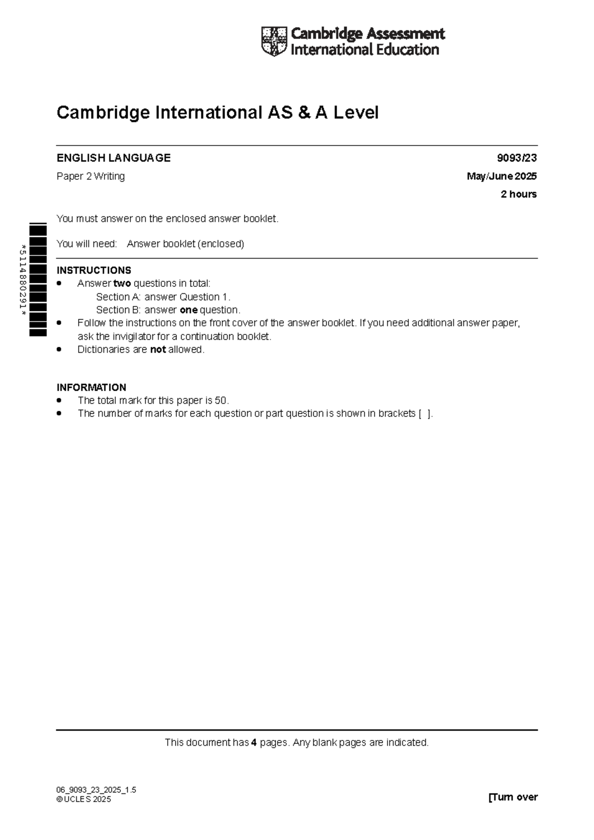 Cambridge International AS A Level ENGLISH LANGUAGE 9093 Paper 2 ...