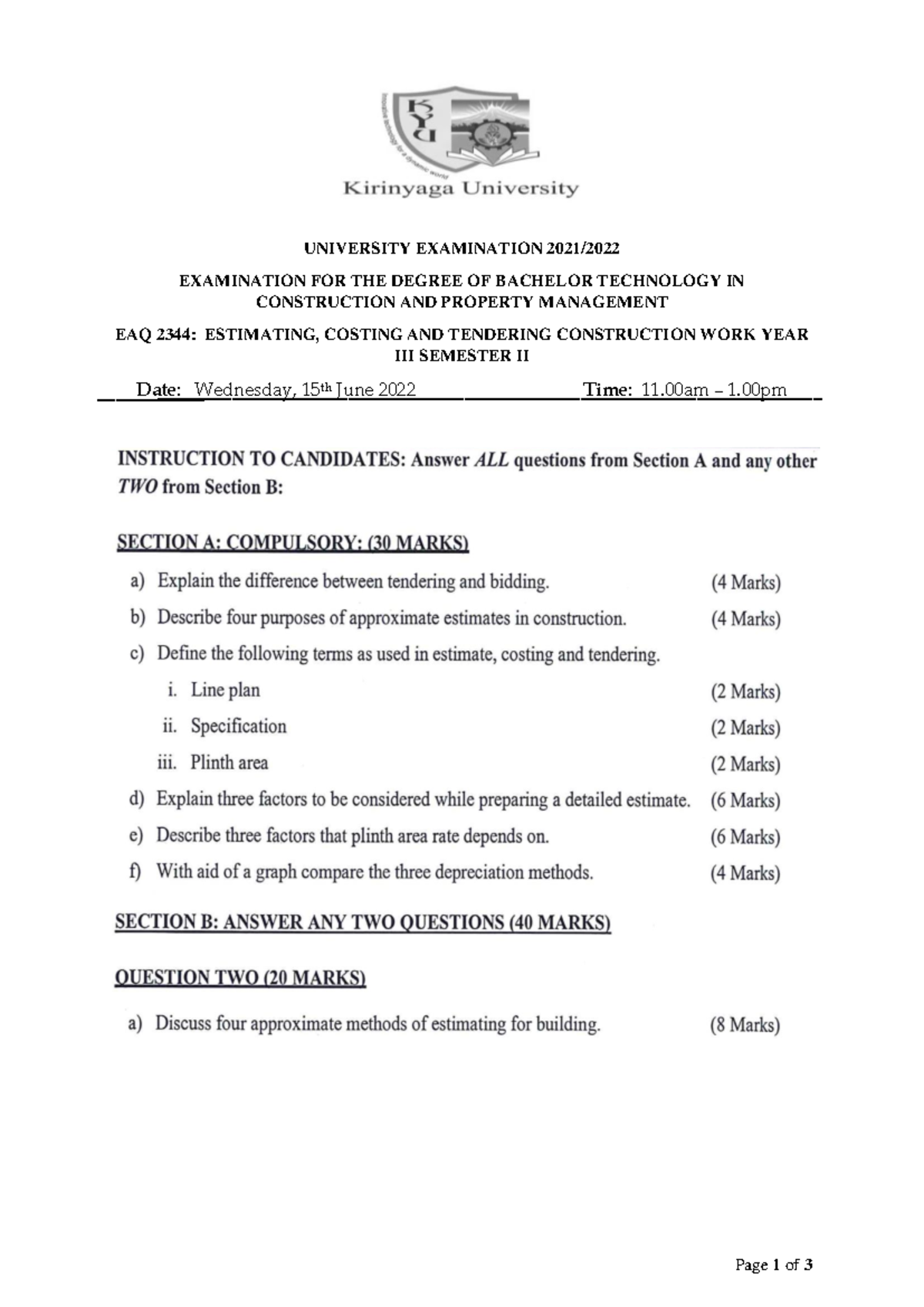 EAQ 2344 Estimating Costing AND Tendering Construction WORK YEAR III ...