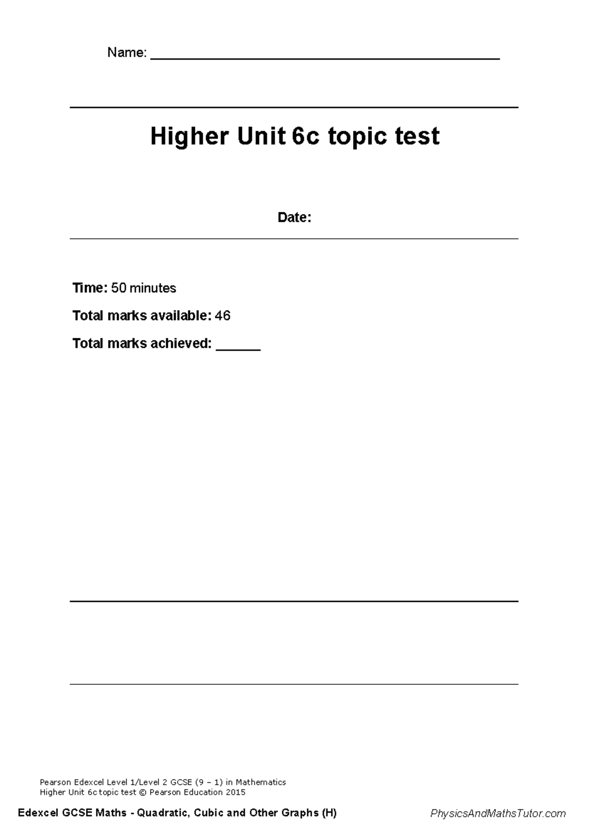 Grade 9 Higher Unit 6c Topic Test: Quadratic & Cubic Graphs - Studocu