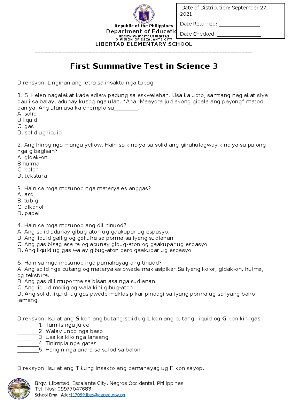 First Summative Test in Science, MAPEH, & EsP 3 (Q2) - Studocu