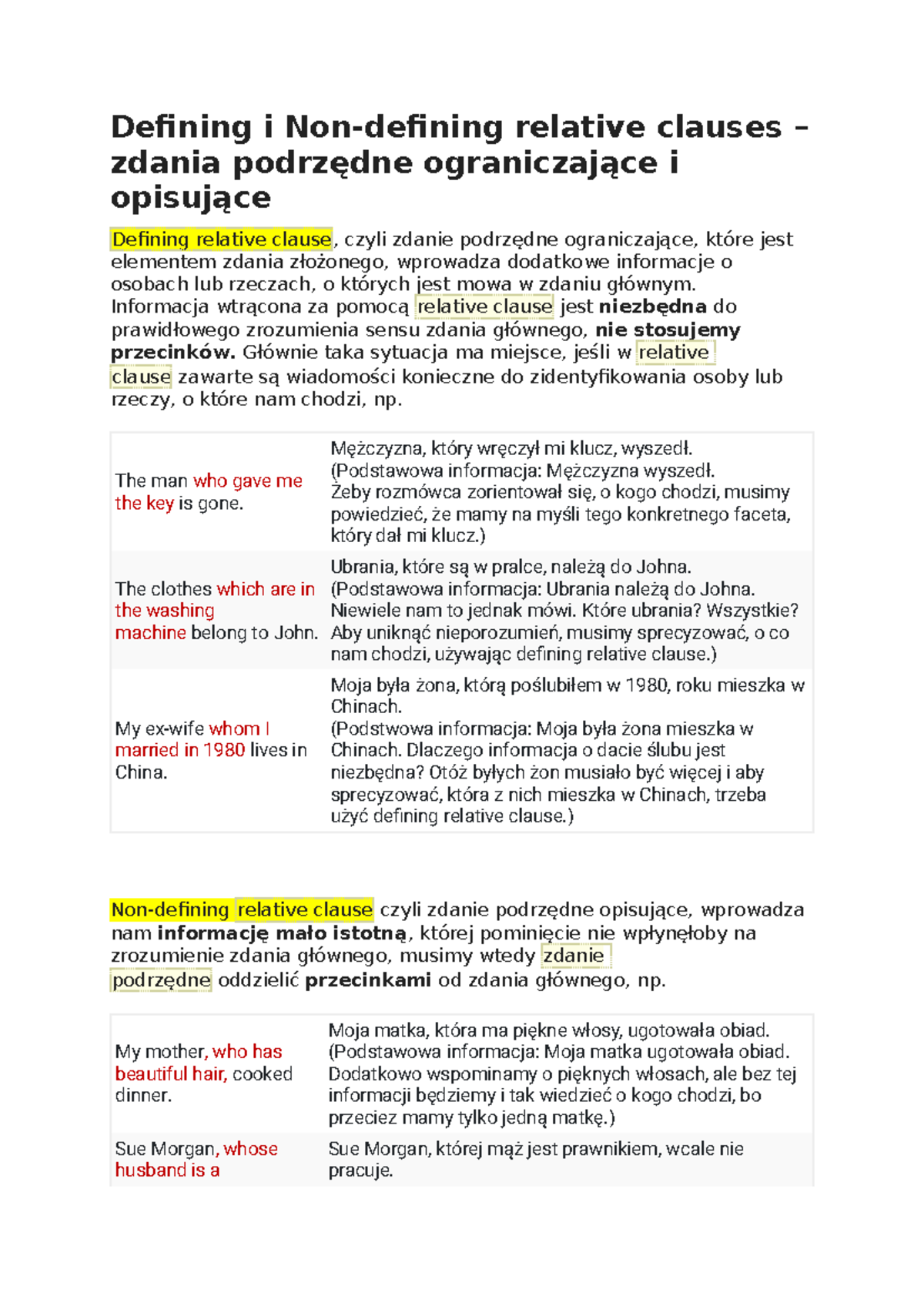 Relative Clauses: Defining vs. Non-Defining (zdania podrzędne) - Studocu