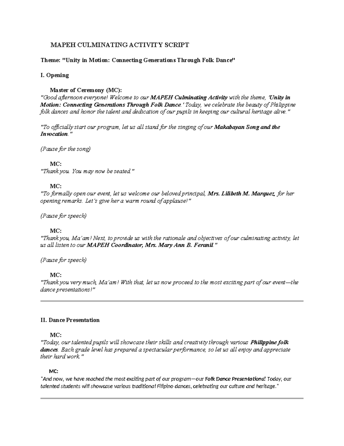 MAPEH Culminating Activity Script: In Motion - Connecting Generations ...