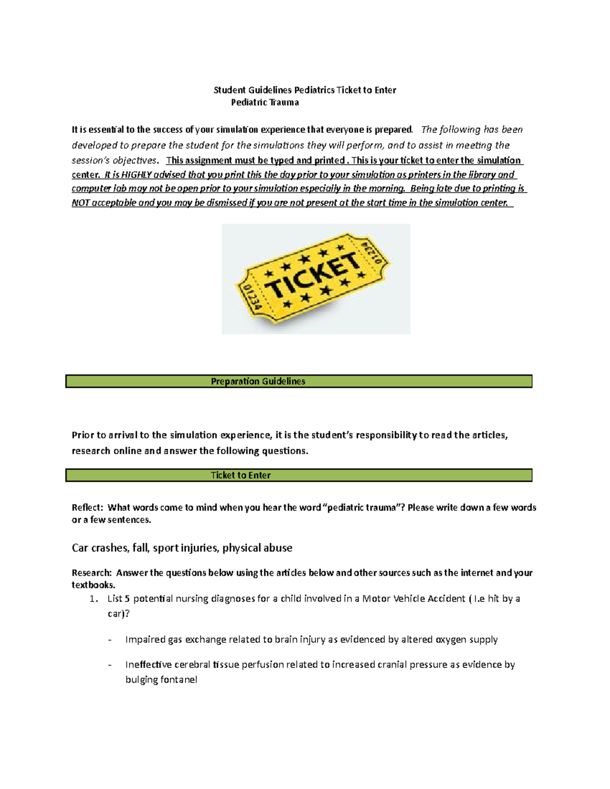 Pediatric Trauma Ticket to Entry-sim lab - Student Guidelines ...