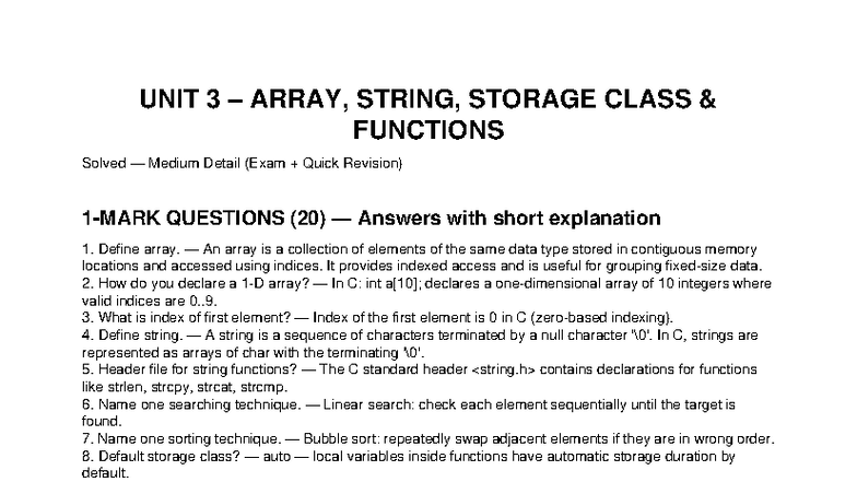 Unit 3: Array, String & Storage Functions - Medium Detail Exam Revision - Studocu