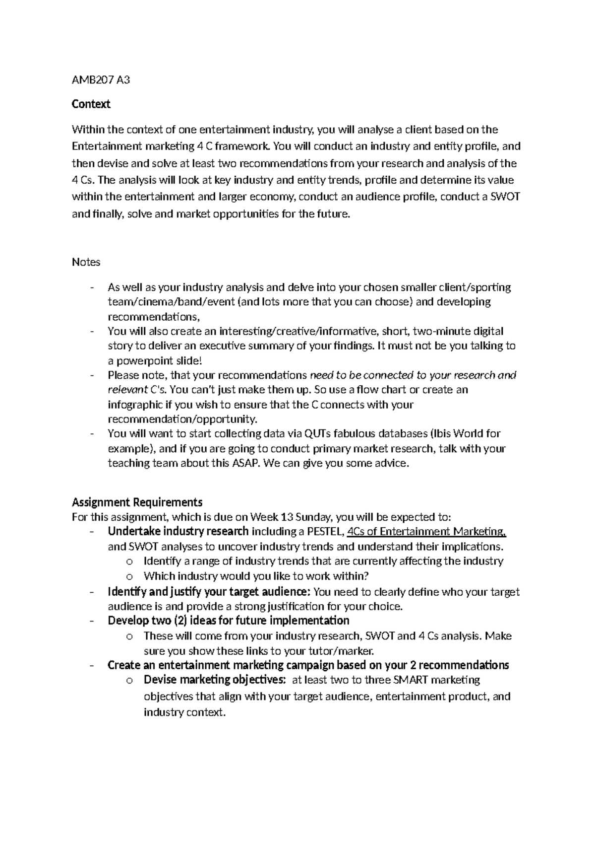 AMB207 A3 Client Analysis Using the 4 Cs of Entertainment Marketing ...