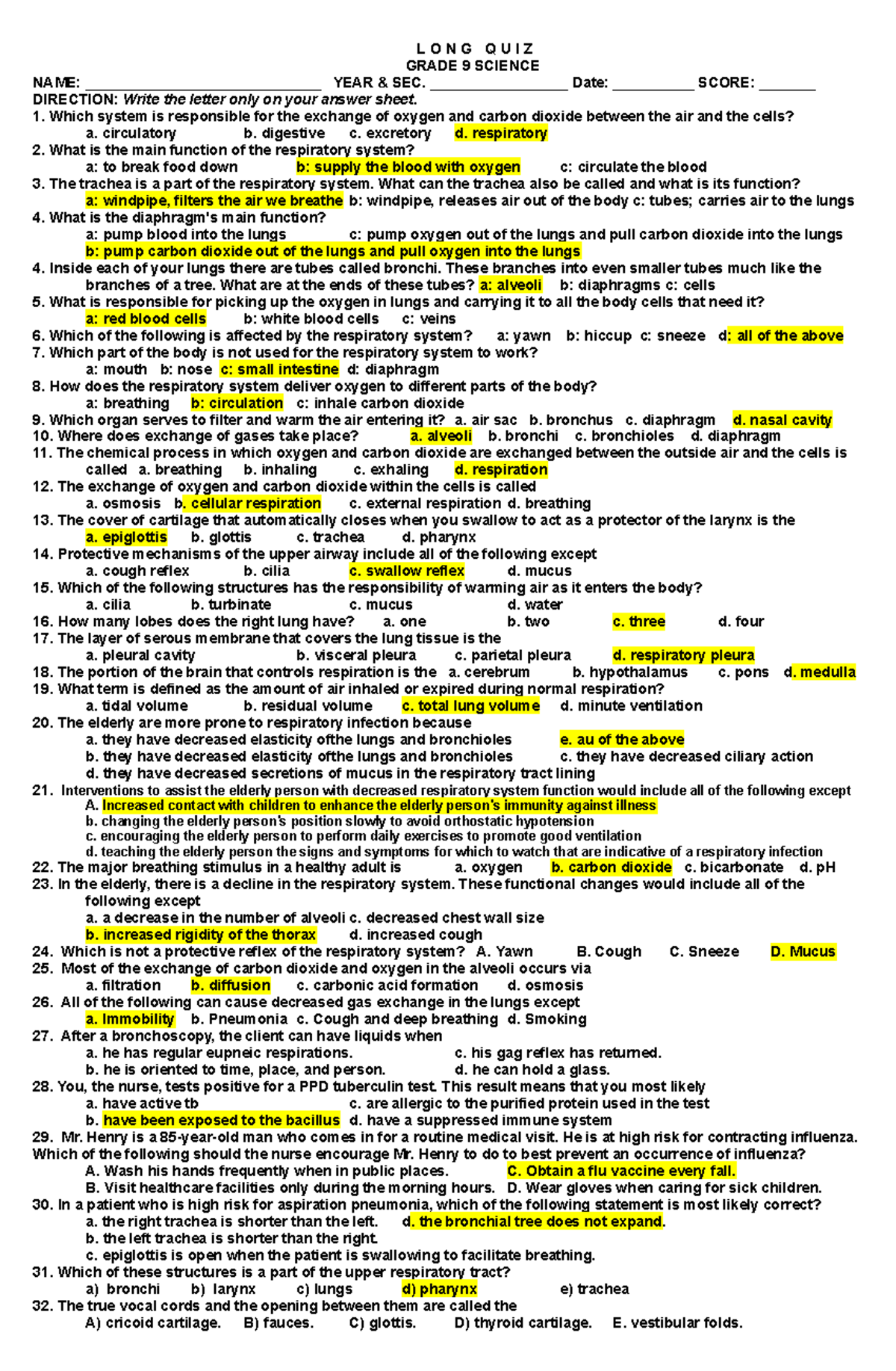 Long Quiz - Grade 9 Science on the Respiratory System - Studocu