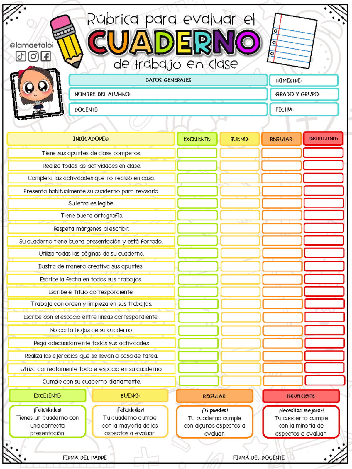 Rúbrica para Evaluar Cuadernos de Trabajo en Clase - Trim. 2023 - Studocu