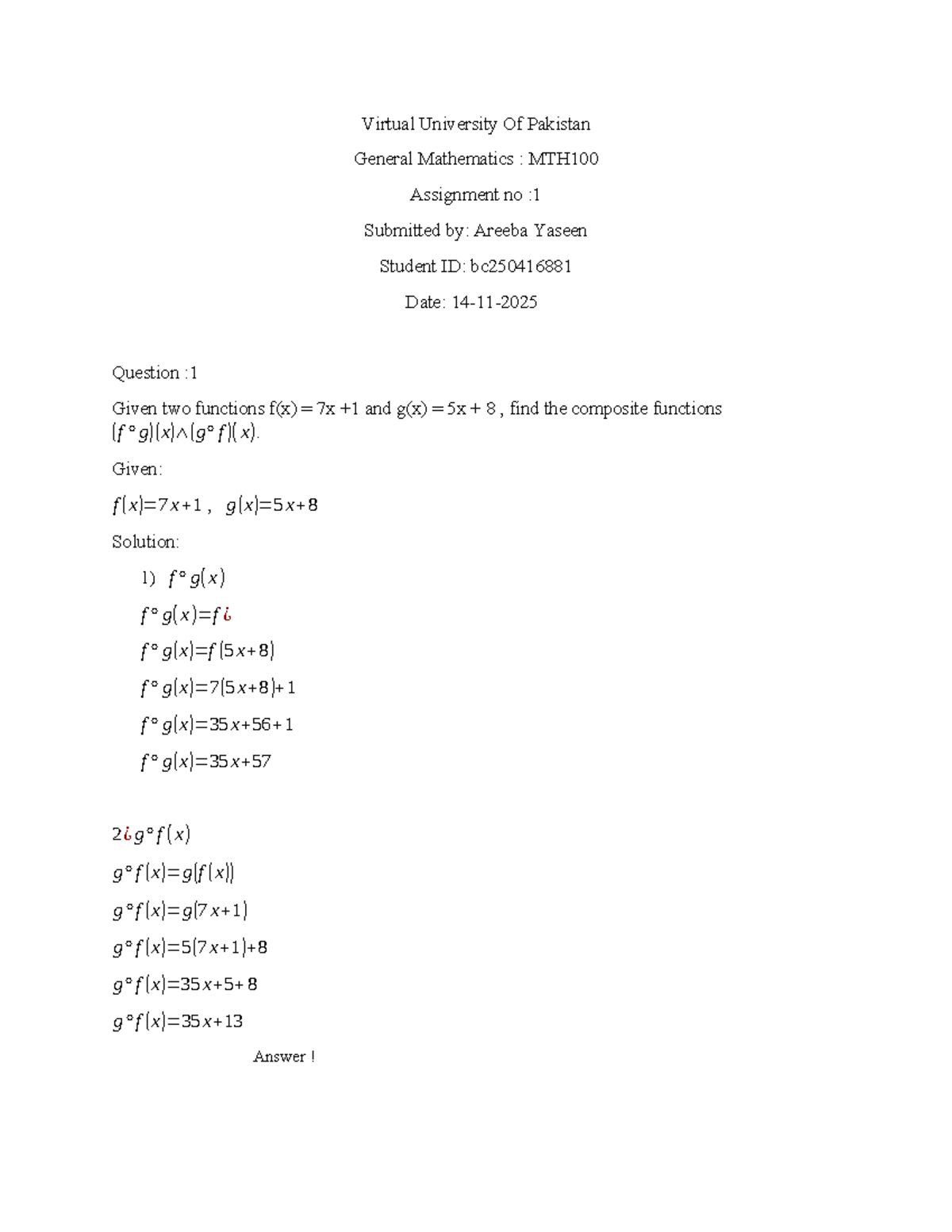 MTH100 Assignment 1: Composite and Inverse Functions Solutions - Studocu