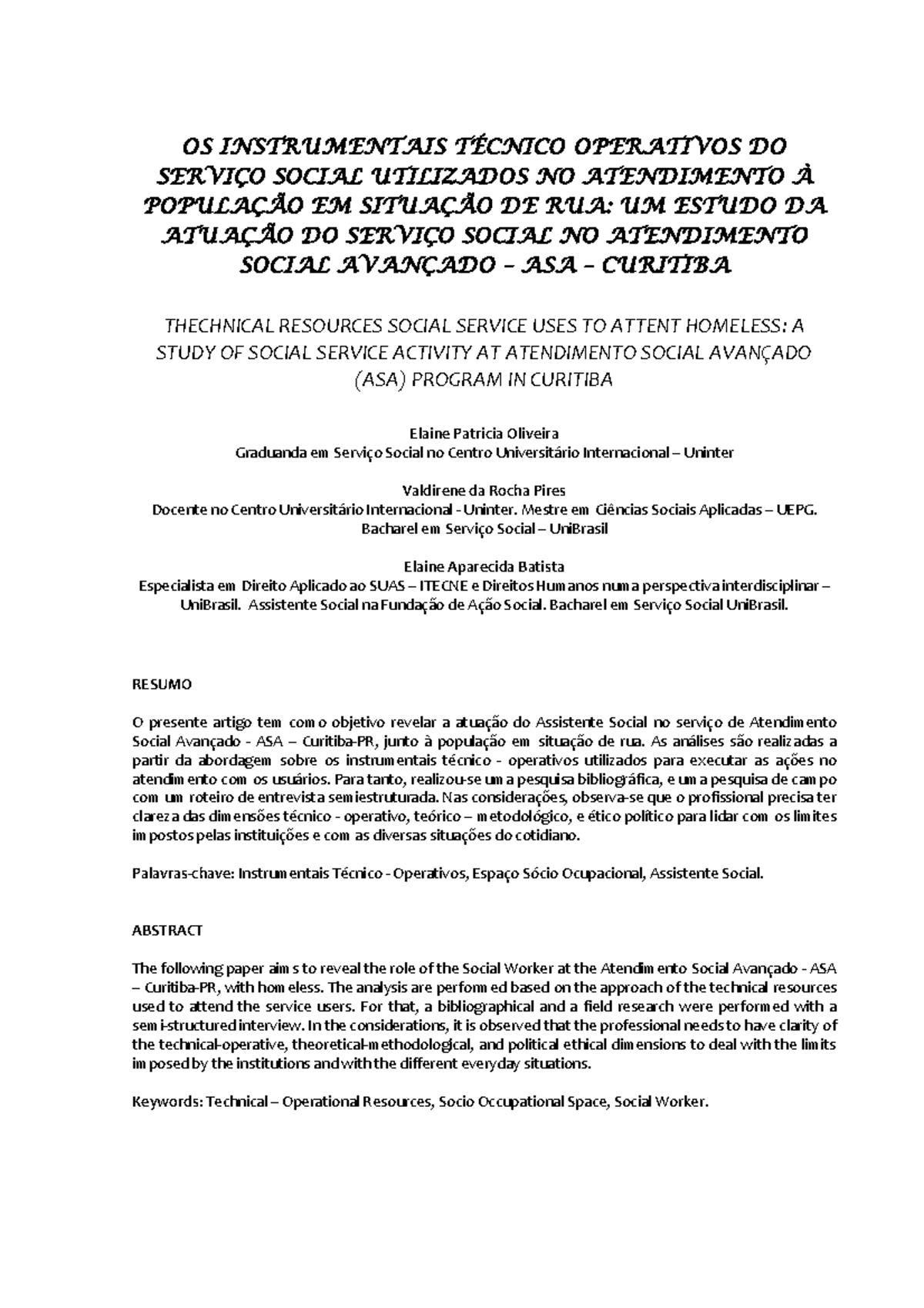 Instrumentos Técnico-Operativos do Serviço Social no ASA - Curitiba ...