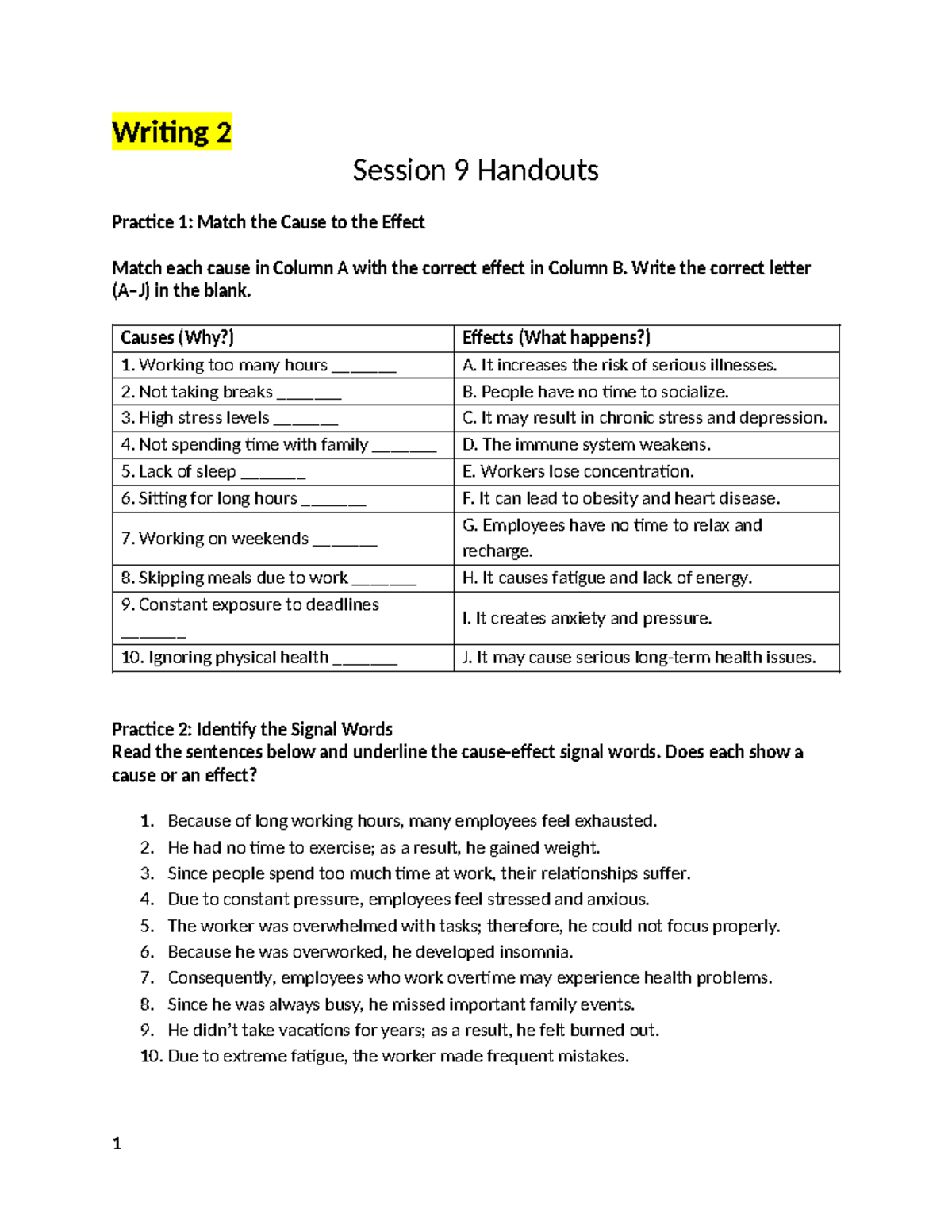 Writing 2-HOS9 - Session 9 Cause and Effect Practice Handouts - Studocu