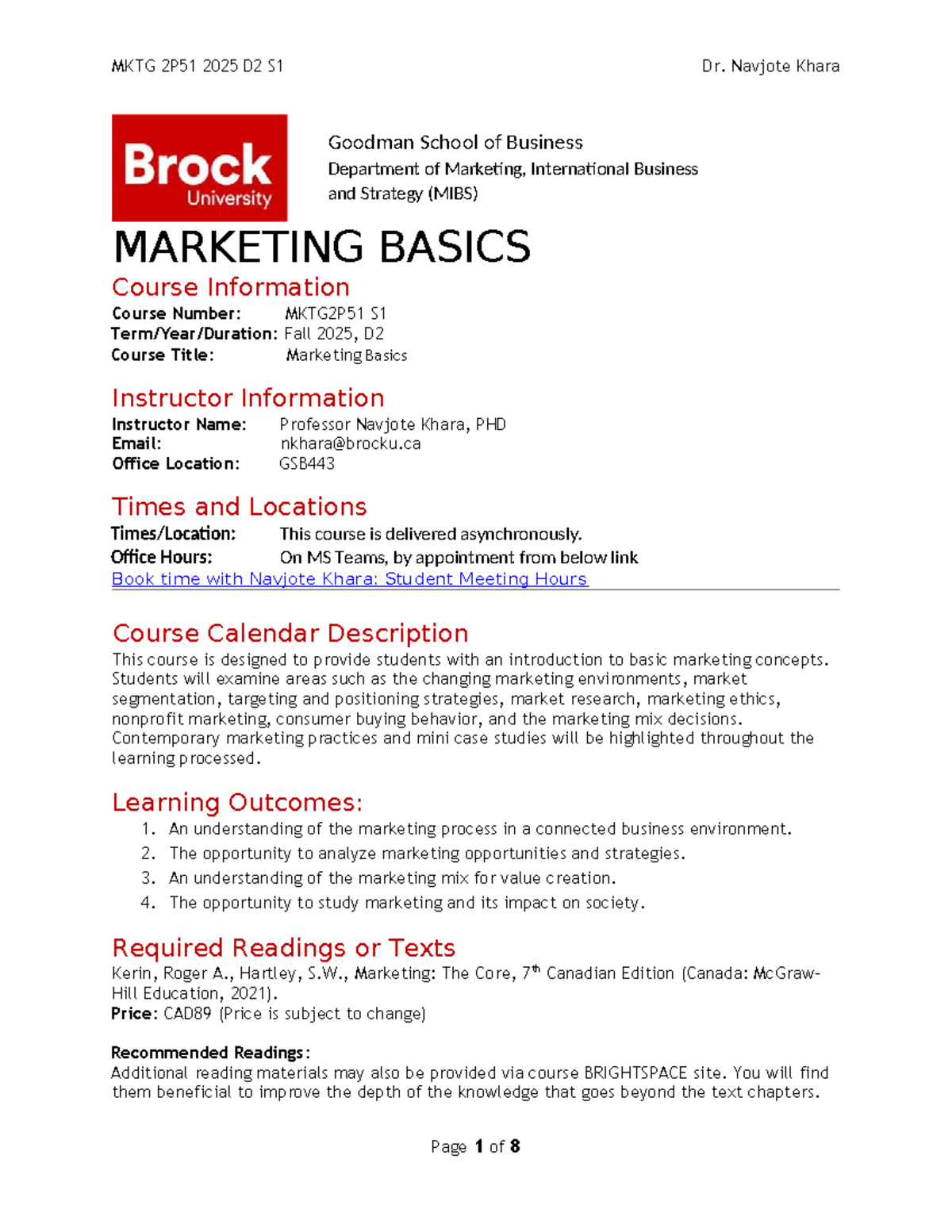 MKTG 2P51 2025 D2 S1 Marketing Basics Course Overview and Schedule ...