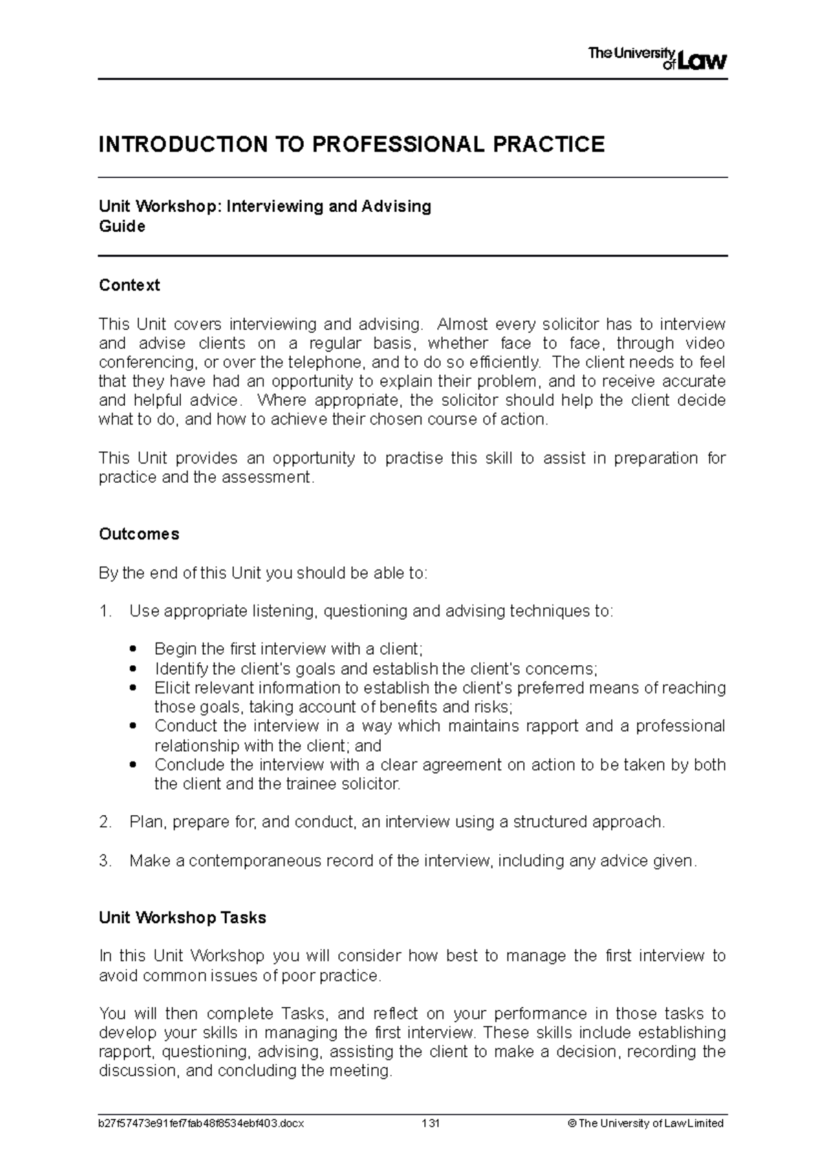 Interviewing Workshop Form - INTRODUCTION TO PROFESSIONAL PRACTICE Unit ...