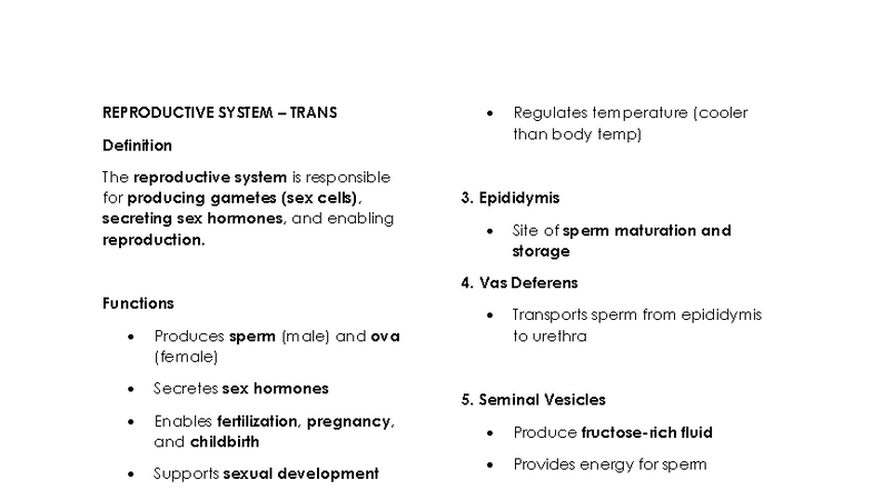 Reproductive System Overview - Definitions and Functions - Studocu