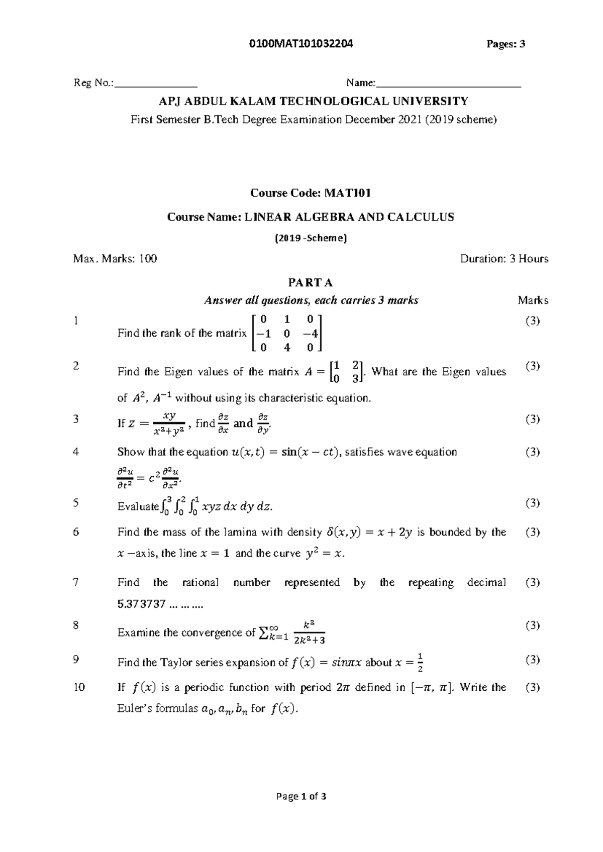 MAT101 Final Exam QP December 2021 - Linear Algebra & Calculus - Studocu