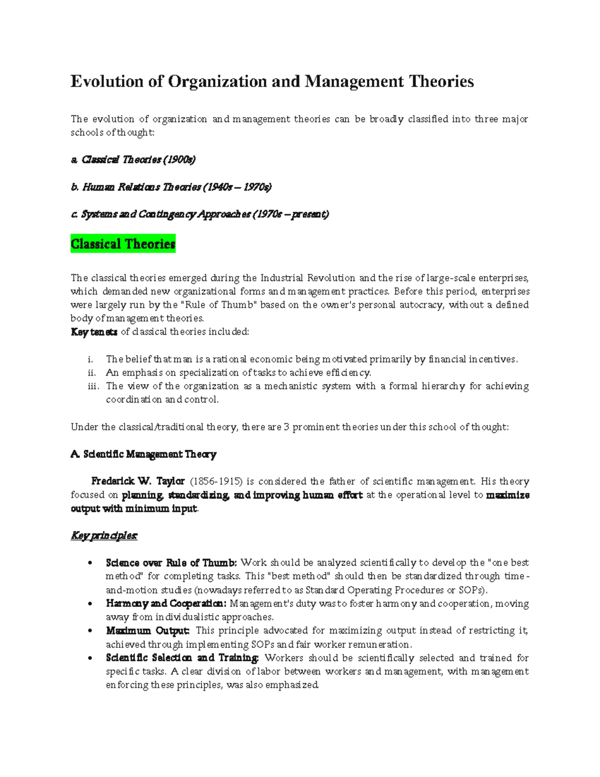 Evolution of Organization and Management Theories-Summarized ...