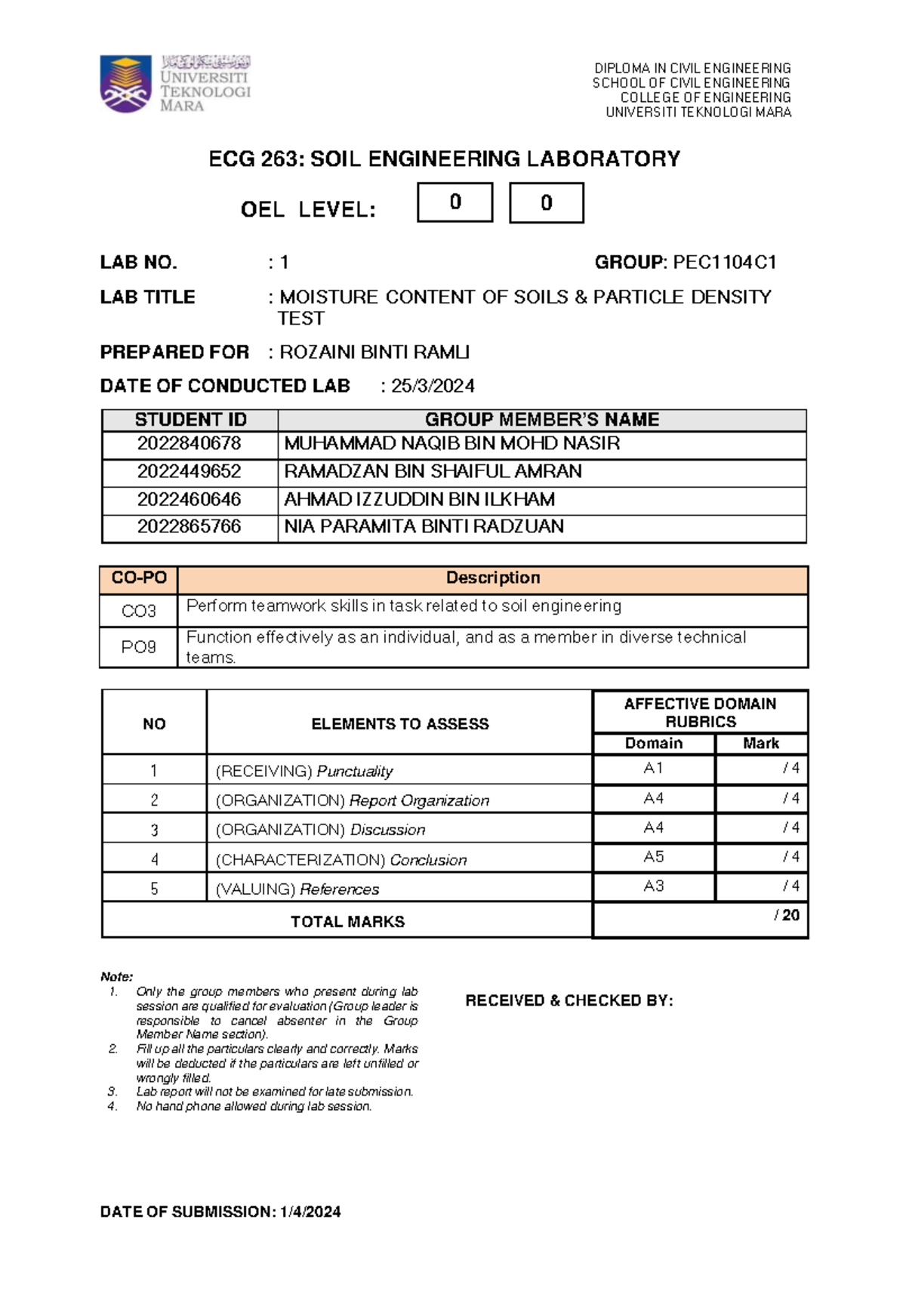 Moisture Content & Particle Density Test Report (ECG263) - Studocu