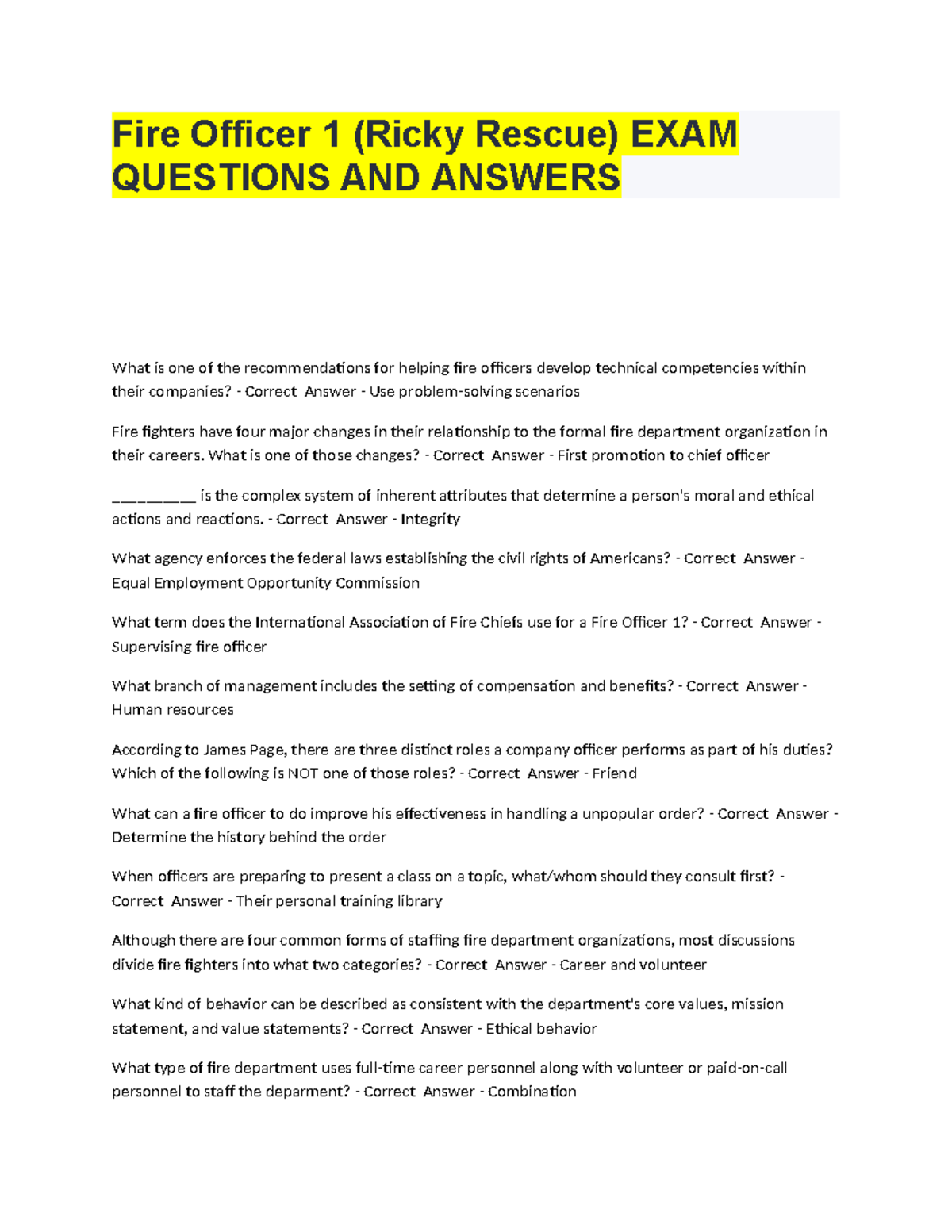 Fire Officer 1 (Ricky Rescue) Exam Q&A Study Guide - Studocu