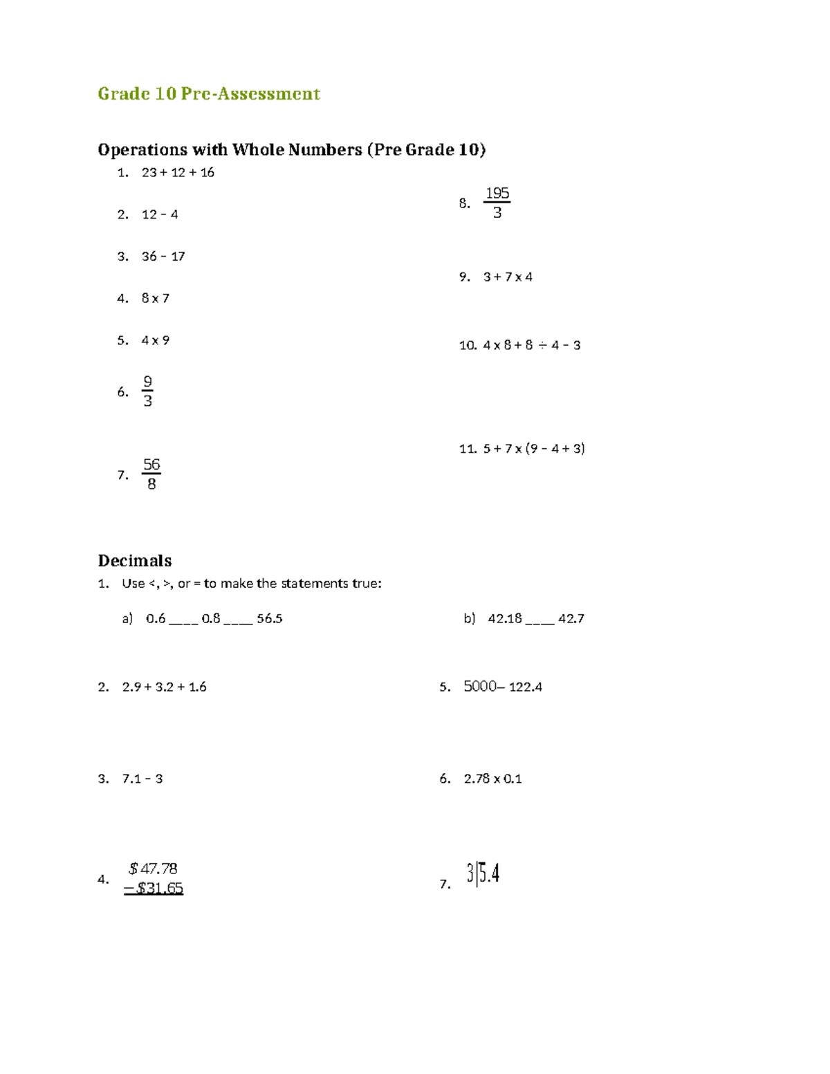 Grade 10 pre assessment - Operations with Whole Numbers (Pre Grade 10 ...