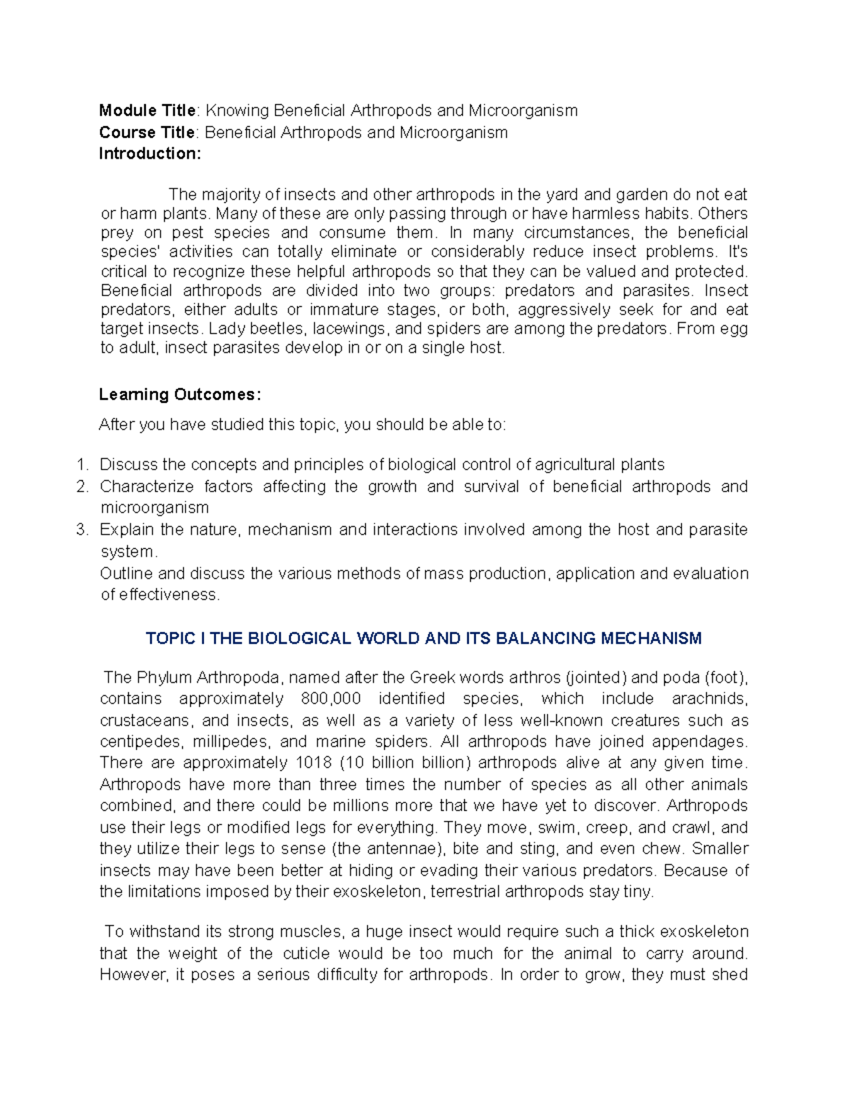 Beneficial Arthropods & Microorganisms - Module Overview and Concepts - Studocu