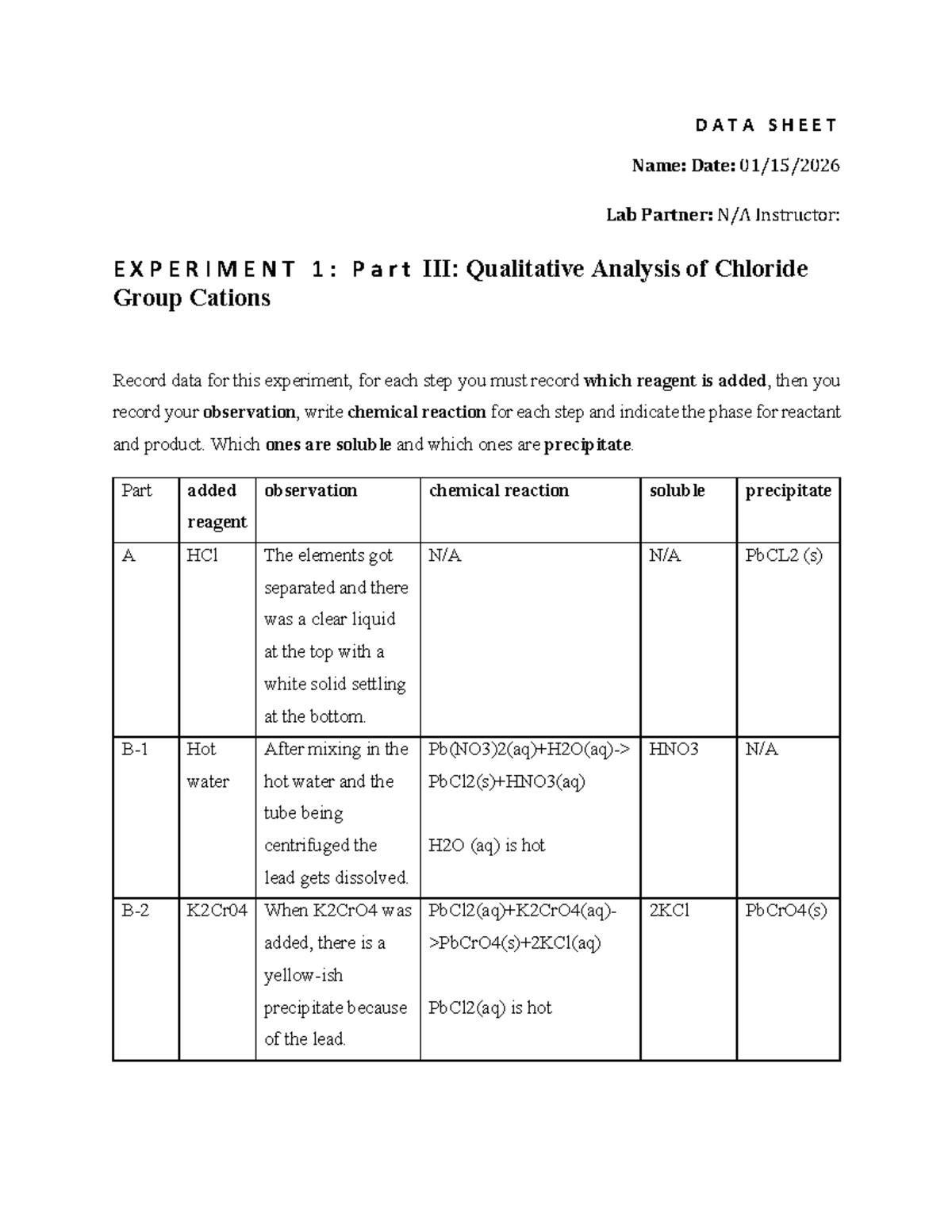 CHM1046L Exp 1: Qualitative Analysis of Chloride Group Cations Data ...