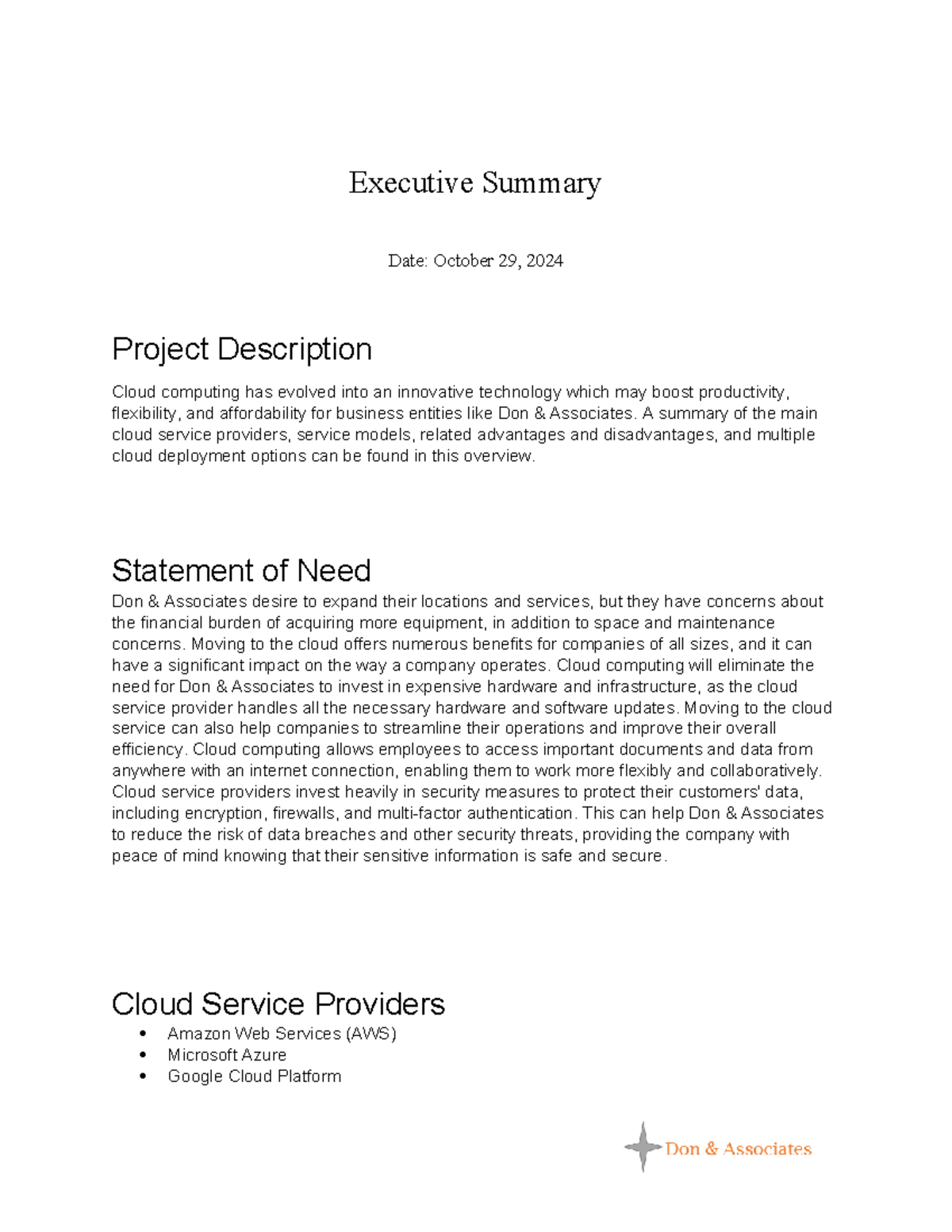 Executive Summary on Cloud Computing Solutions for Don & Associates ...