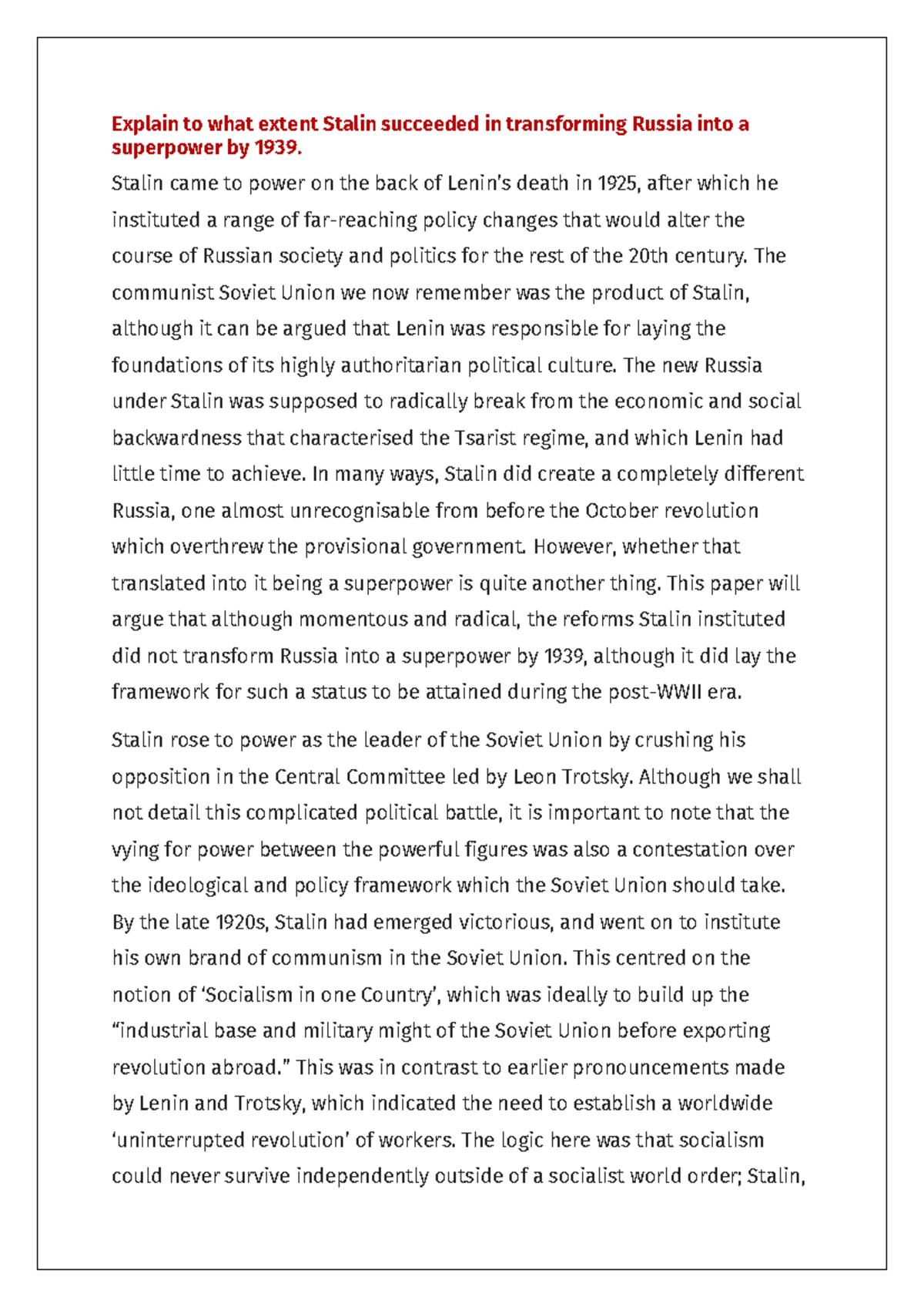 Stalin's Transformation of Russia: Superpower Status by 1939? Essay ...