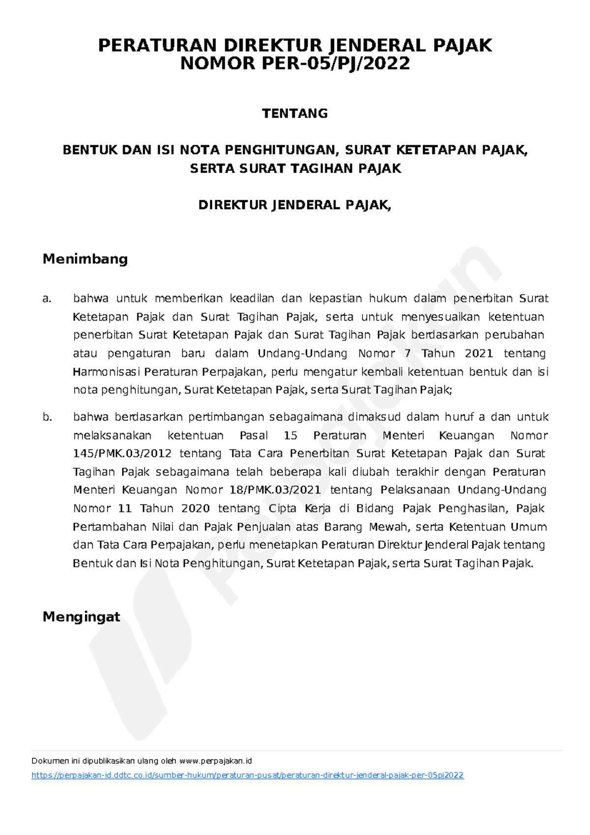 PER 05.PJ.2022 - Rincian Tentang Nota Penghitungan dan Surat Pajak ...