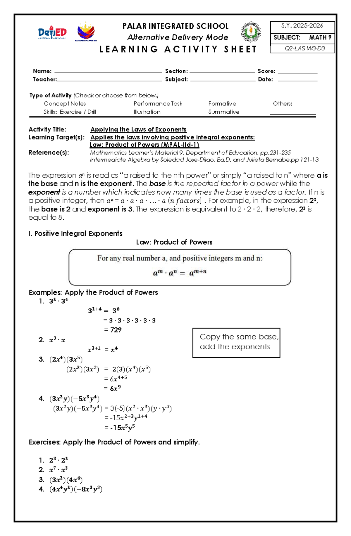 MATH 9 Learning Activity Sheet: Applying Laws of Exponents - Studocu