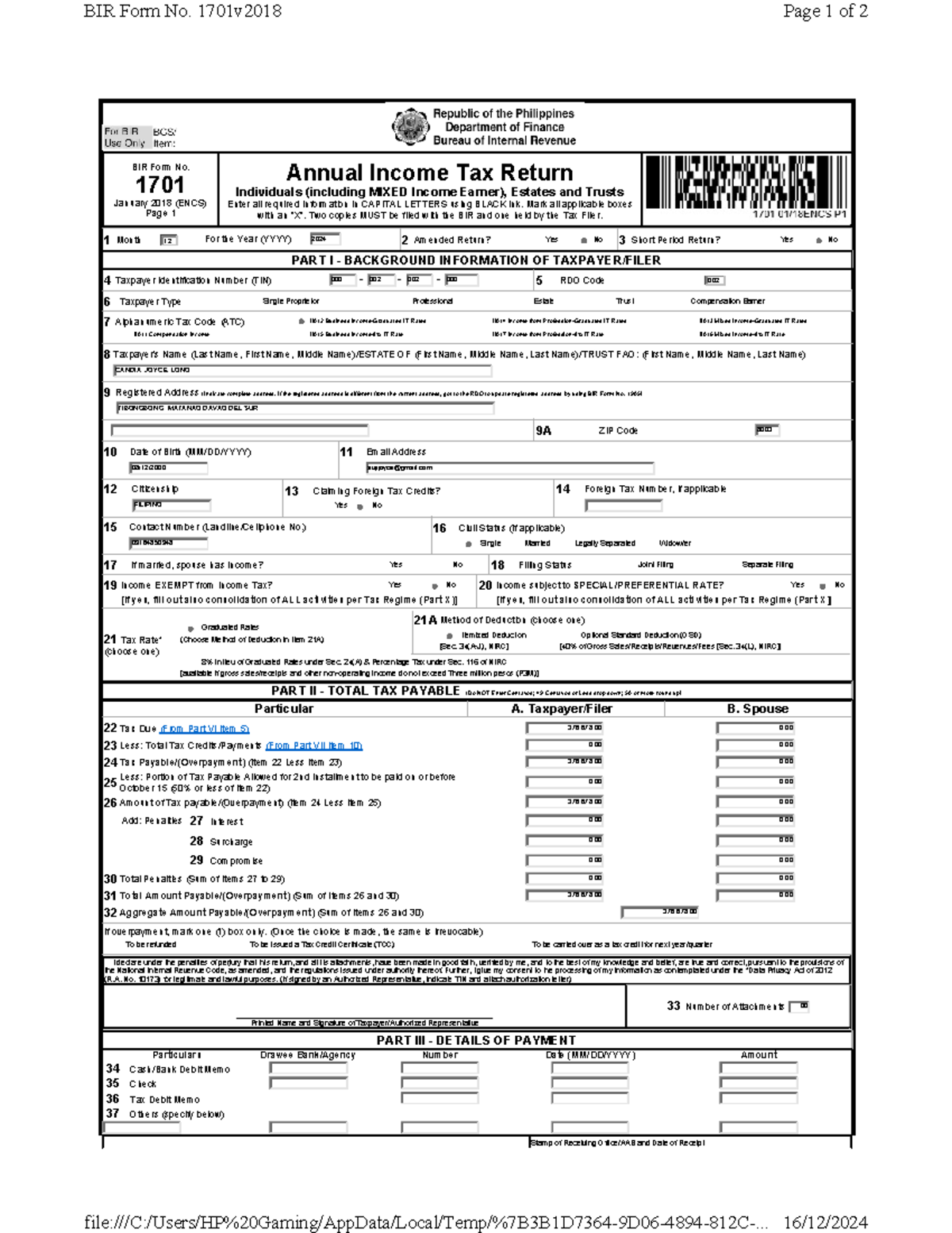 Joyce Candia TAX1 - Form 1701 - BIR Form No. 1701 January 2018 (ENCS ...