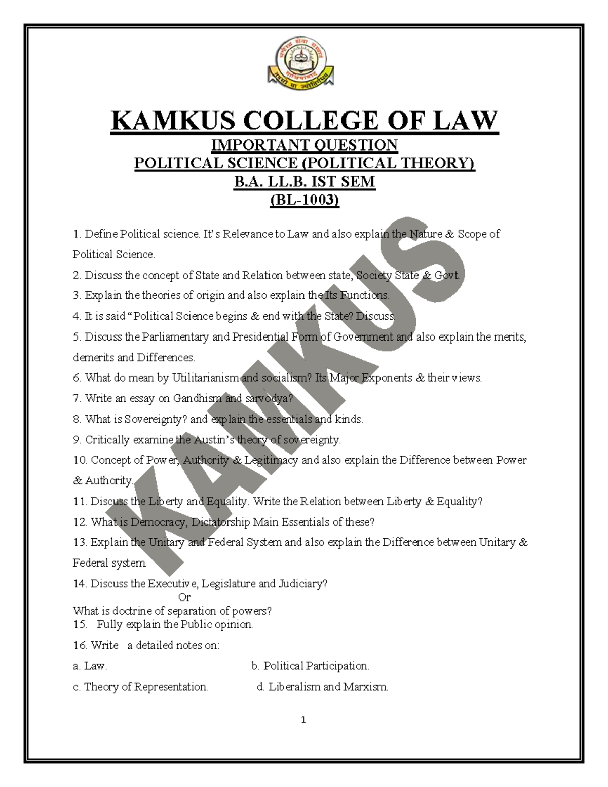 KAMKUS COLLEGE OF LAW: Important Qs for POLITICAL SCIENCE (B.A. LL.B ...