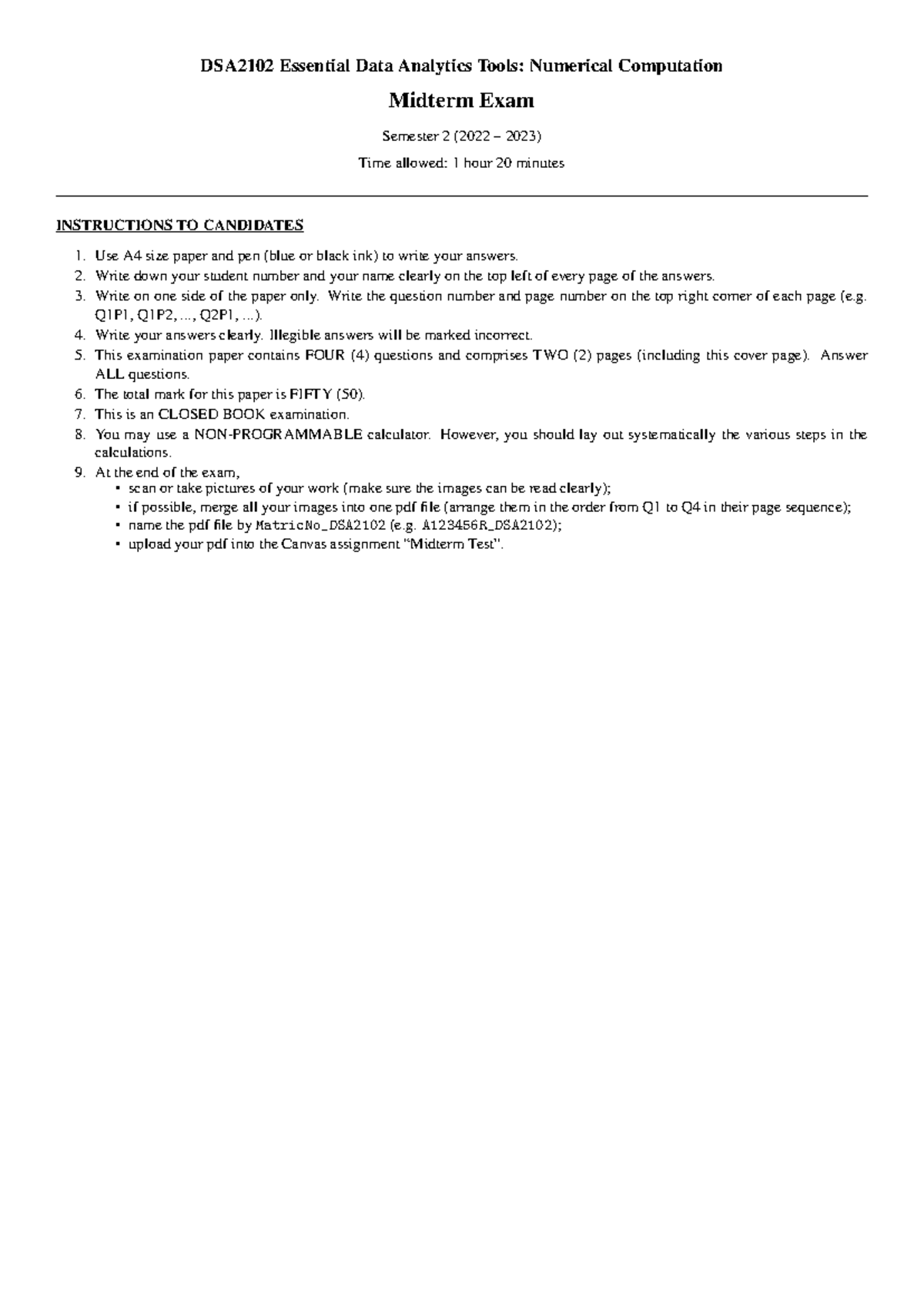 DSA2102 2223s2 Midterm Exam Solutions: Numerical Computation - Studocu