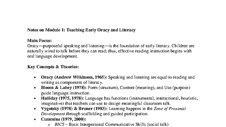 Notes on Module 1: Teaching Early Oracy and Literacy Foundations - Studocu