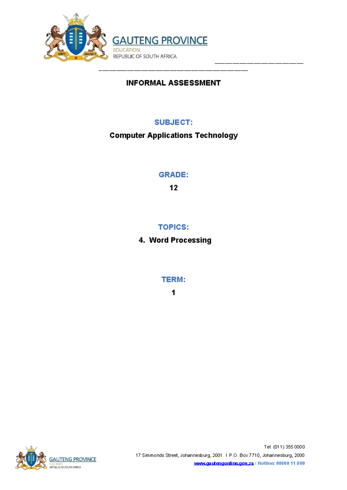 Grade 12 CAT Term 1 Informal Assessment: Word Processing Questions ...