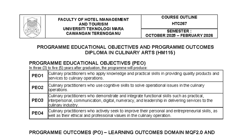 Course Outline HTC267: Commercial Food Production Overview and ...