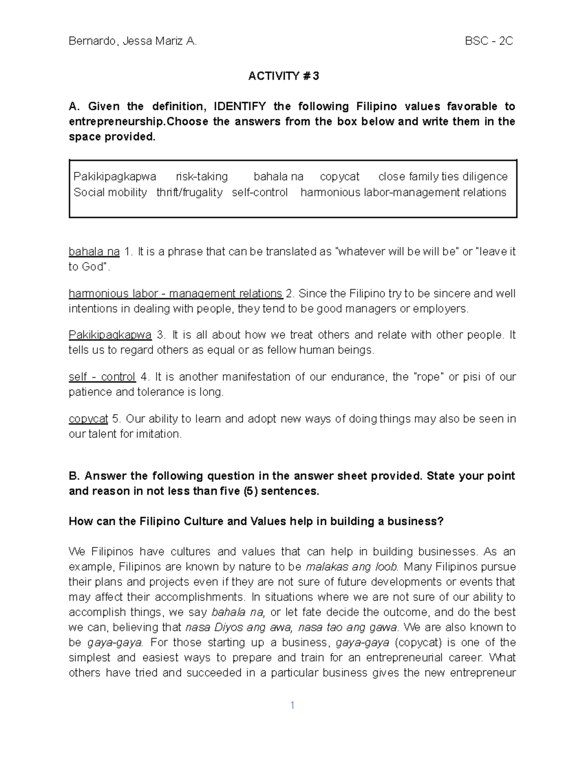 BSC - 2C Lesson 3 Activity: Filipino Values in Entrepreneurship - Studocu