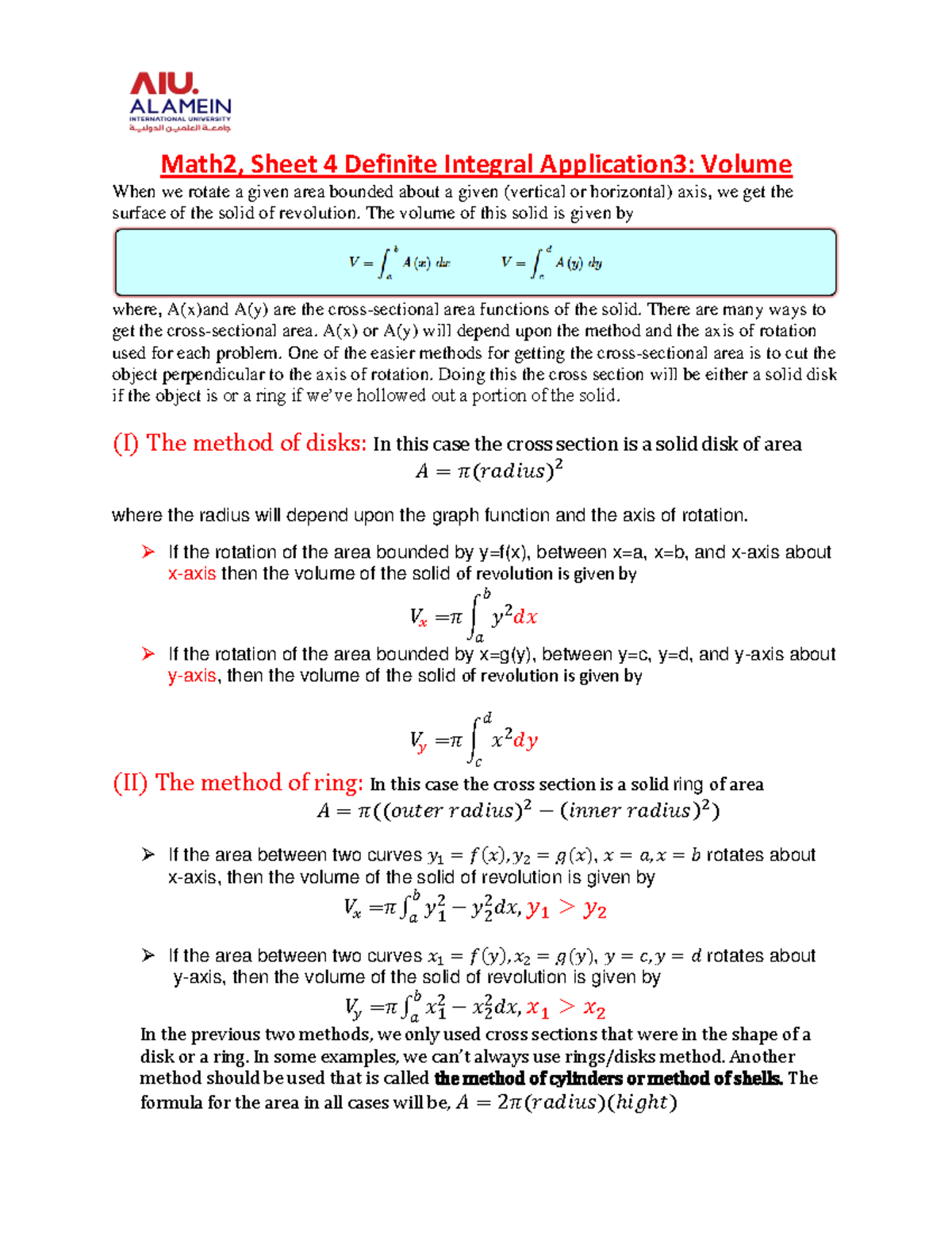 Math2, Sheet 4: Definite Integral Applications for Volume of Solids ...