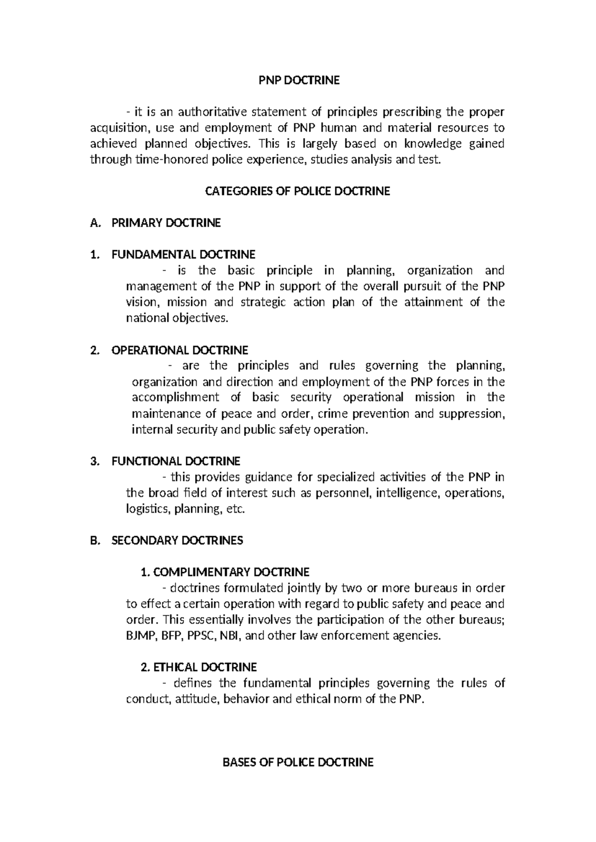 PNP DOCTRINE: Principles and Strategies for Effective Policing - Studocu
