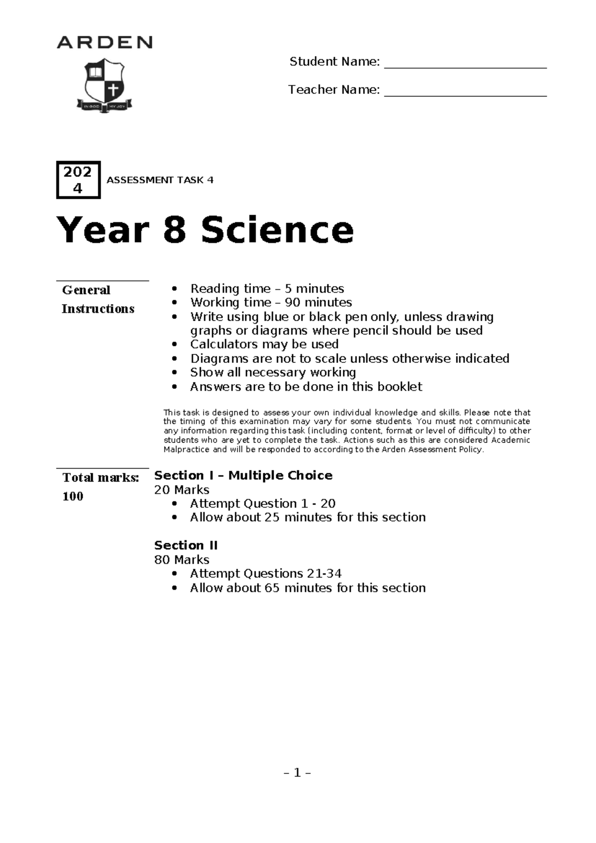 Year 8 Science Yearly Exam Assessment Task 4 - Studocu