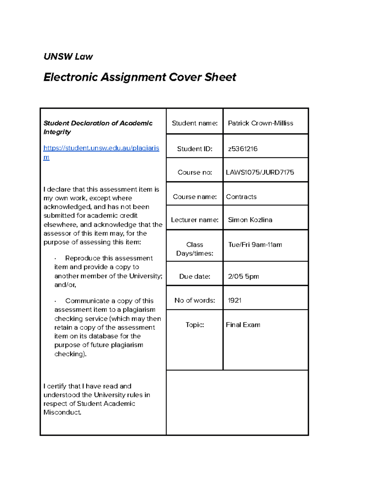Final Exam 2023 Term 1 - D (77) - UNSW Law Electronic Assignment Cover Sheet Student Declaration ...