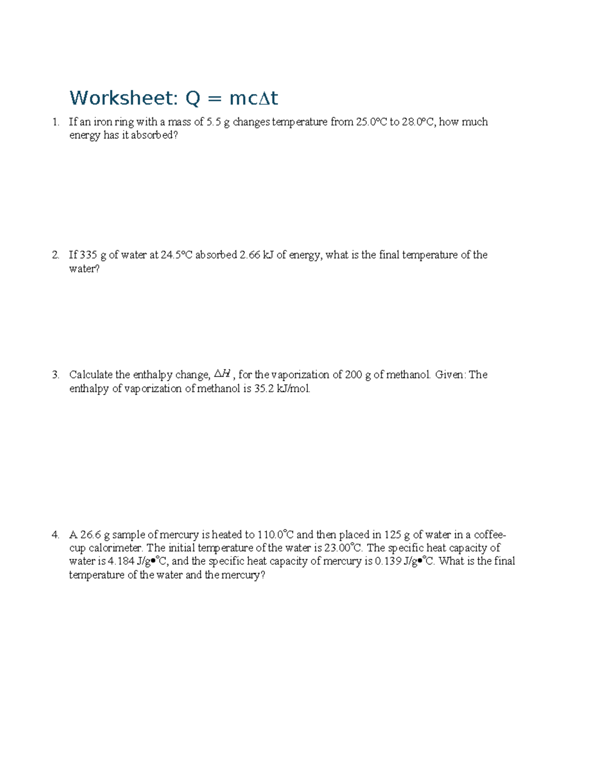 Enthalpy Practice Worksheet: Energy Calculations & Reactions - Studocu