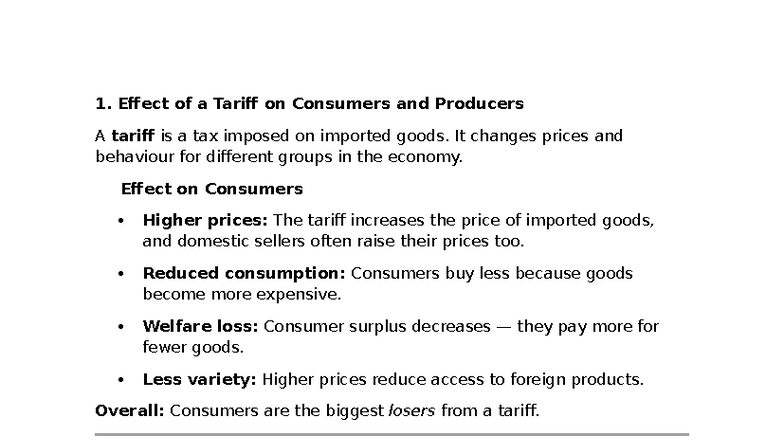 Notes on International Economics: Tariff Effects and Structures - Studocu