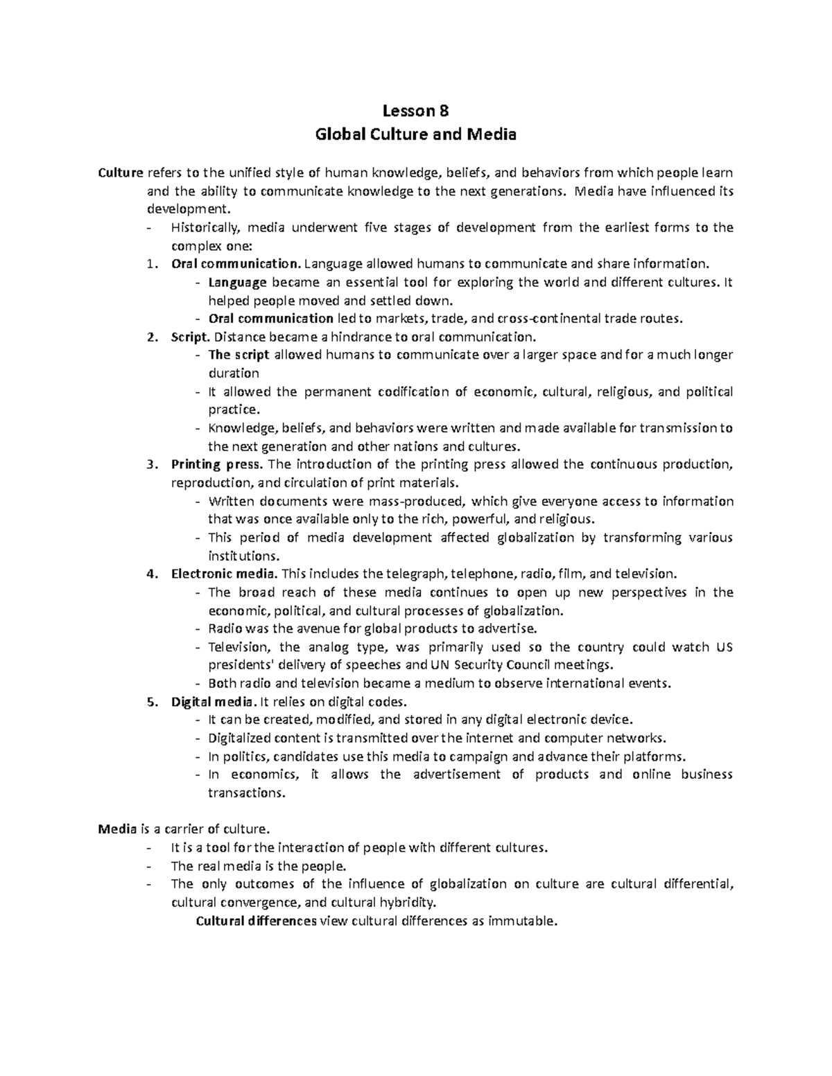 Social Science Lesson 8: Impact of Media on Global Culture - Studocu
