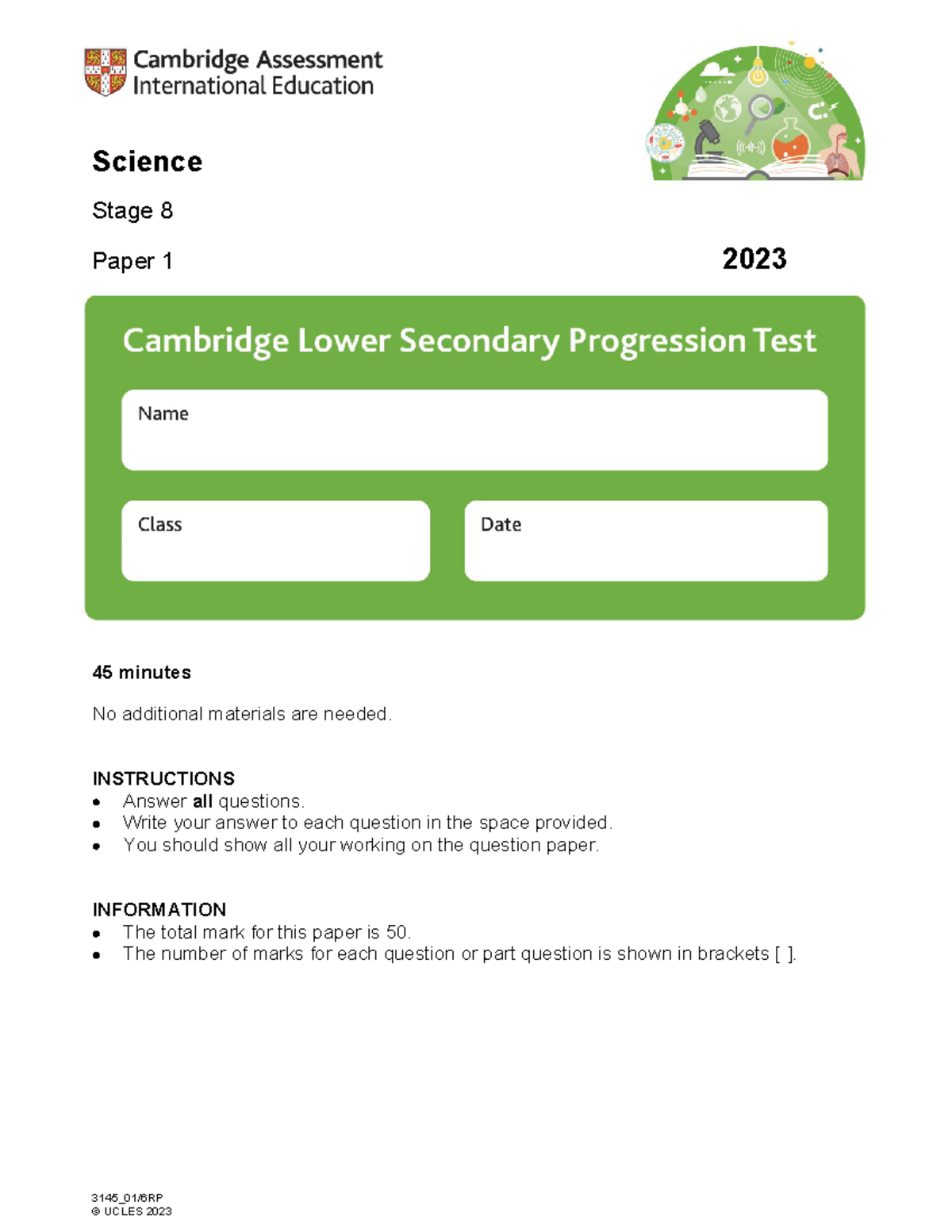 Year 8 Science Past Paper 3145_01 with Questions and Instructions - Studocu