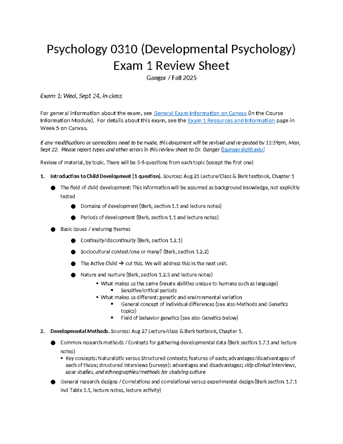 Psychology 0310: Developmental Psychology Exam 1 Study Guide (Fall 2025 ...